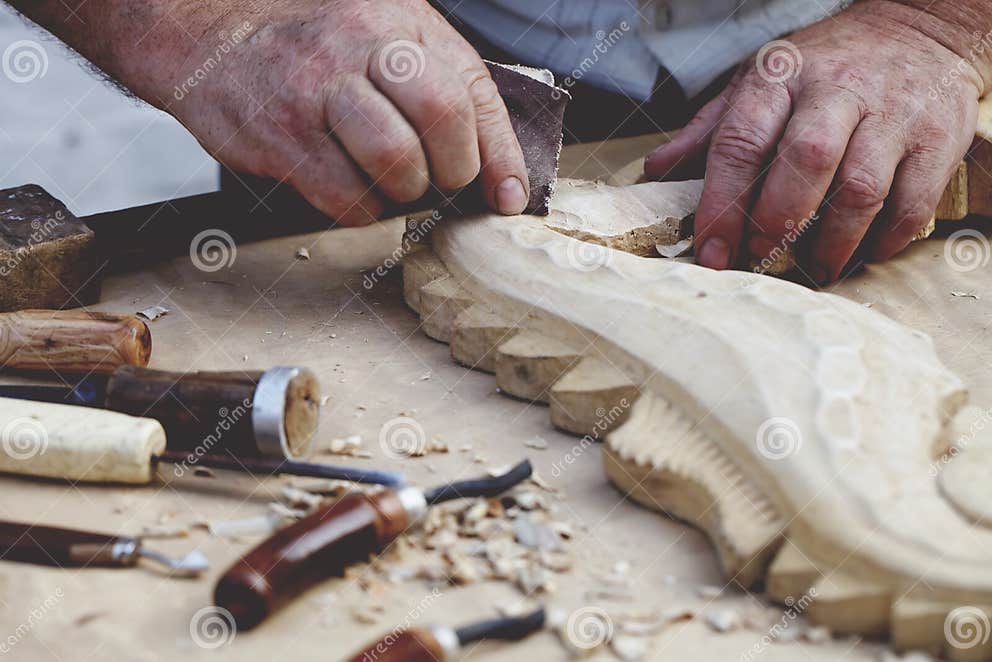 Wood Carvings, Tools and Processes Work Closeup Stock Photo - Image of ...