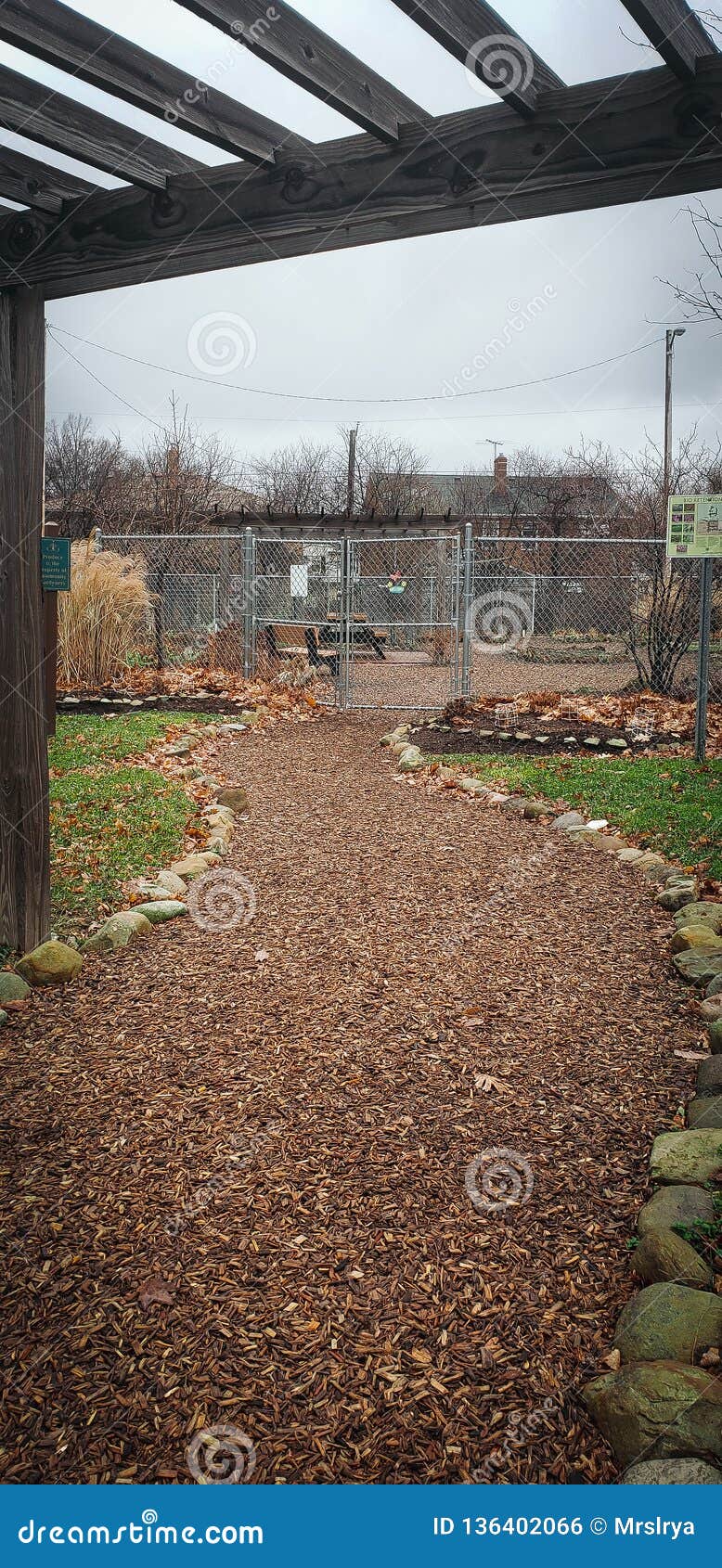 Wood Chip Path Leading To Gate in a Local Park in Cleveland, Ohio Stock ...