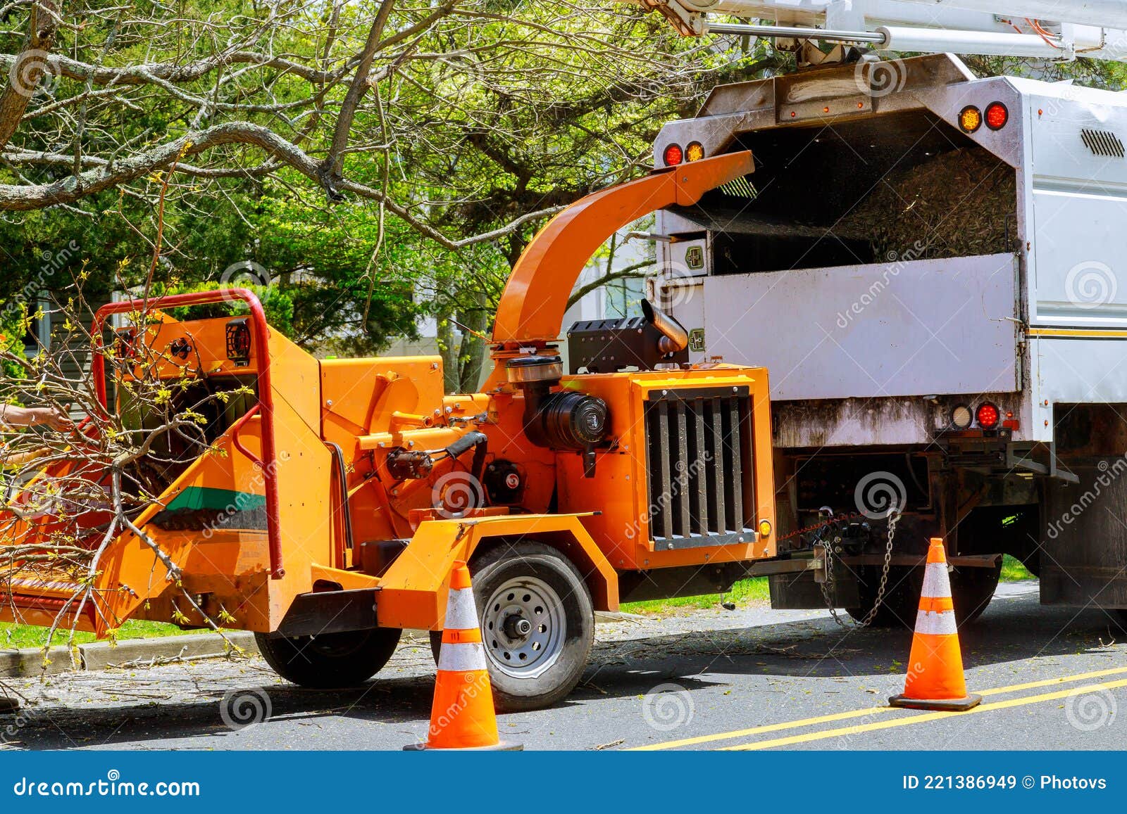 Wood Chipper Loaded Cut Green Tree Branches in Urban Neighborhood ... Wood Chipper Loaded Cut Green Tree Branches in Urban Neighborhood ...