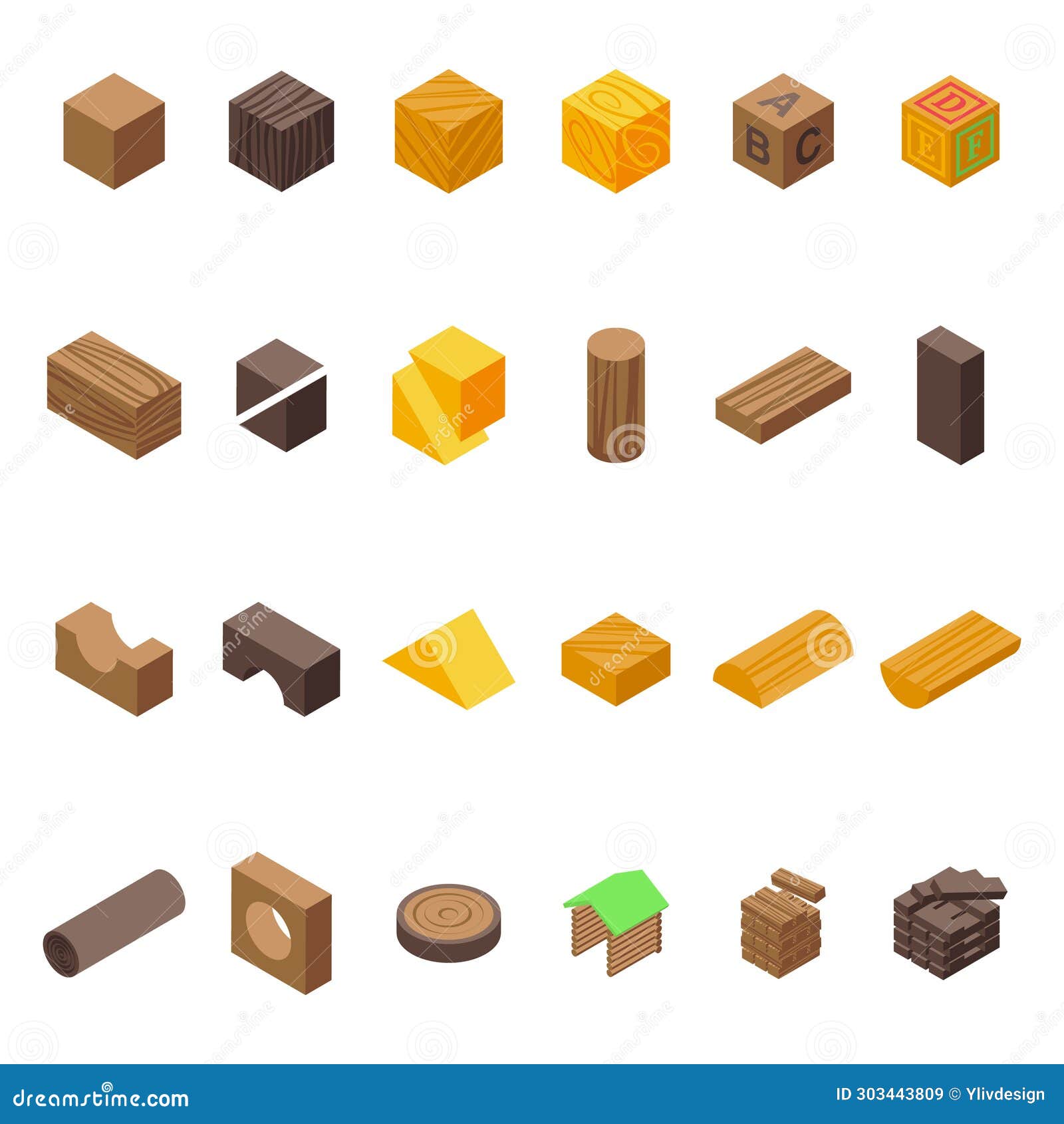 Wood Cube Block Icons Set Isometric Vector. Game Education Stock Vector ...