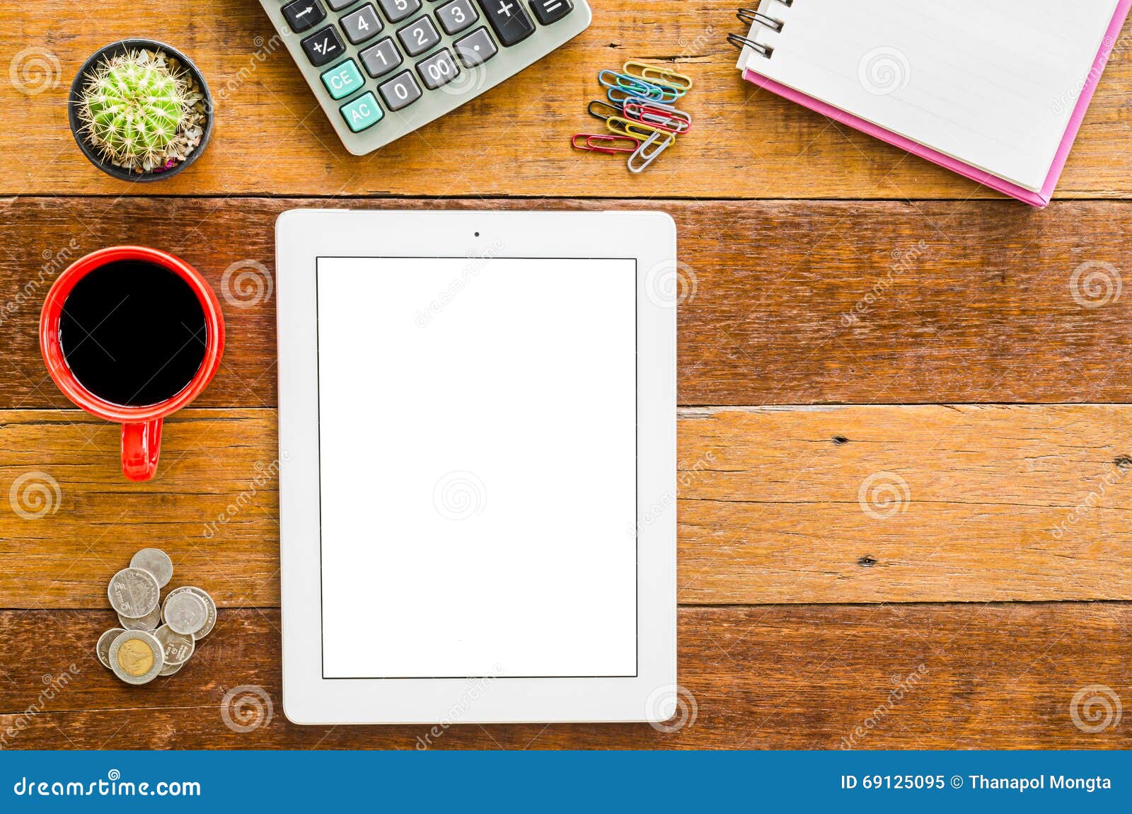 Wood Desk with Tablet Computer Stock Image - Image of style, cactus ...