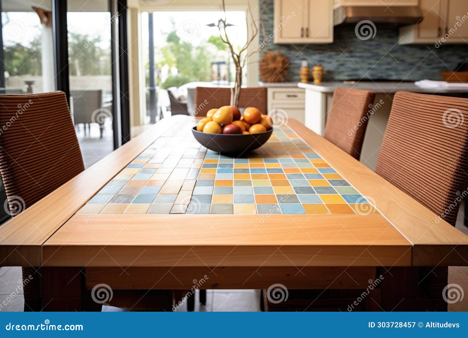 Wood Dining Table with Stone Tile Top Stock Image - Image of dining ...