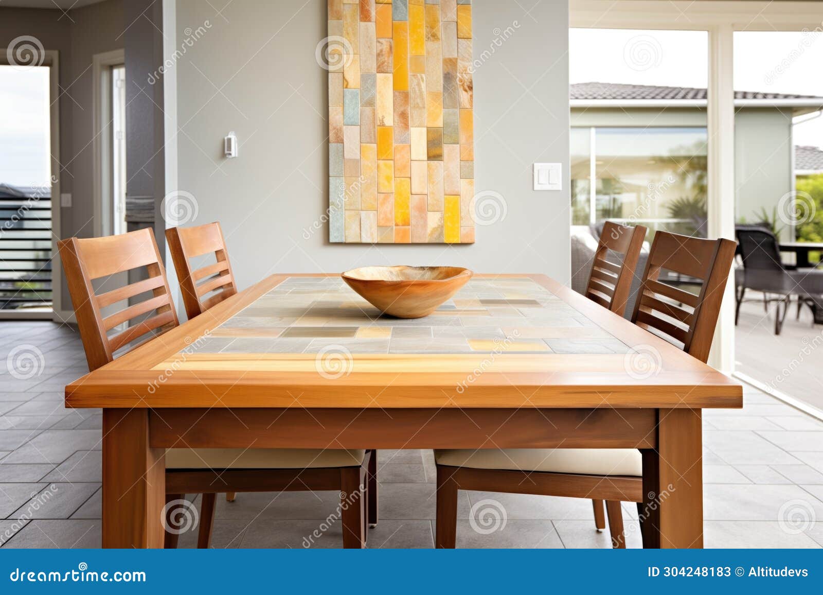 Wood Dining Table with Stone Tile Top Stock Image - Image of minimalist ...