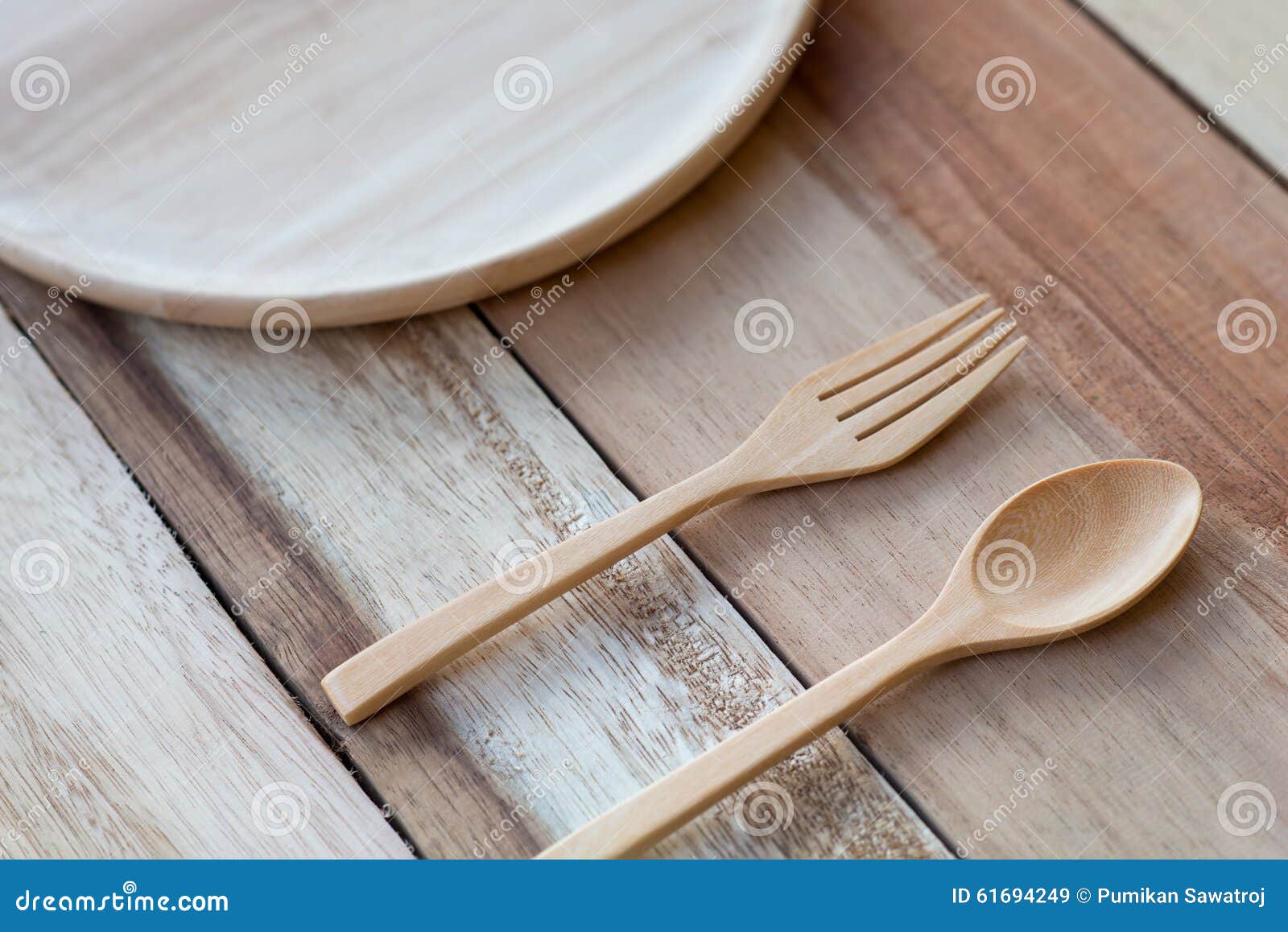 Wood Dish and Wood Fork on Wooden Table. with Text Space Stock Image ...