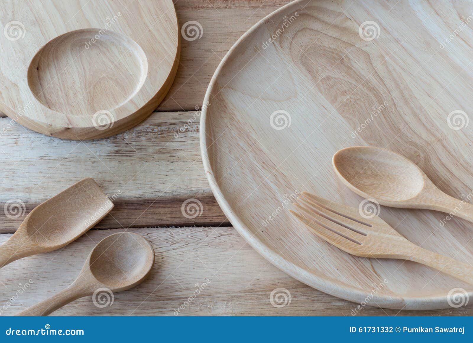 Wood Dish and Wood Fork on Wooden Table.with Text Space Stock Photo ...
