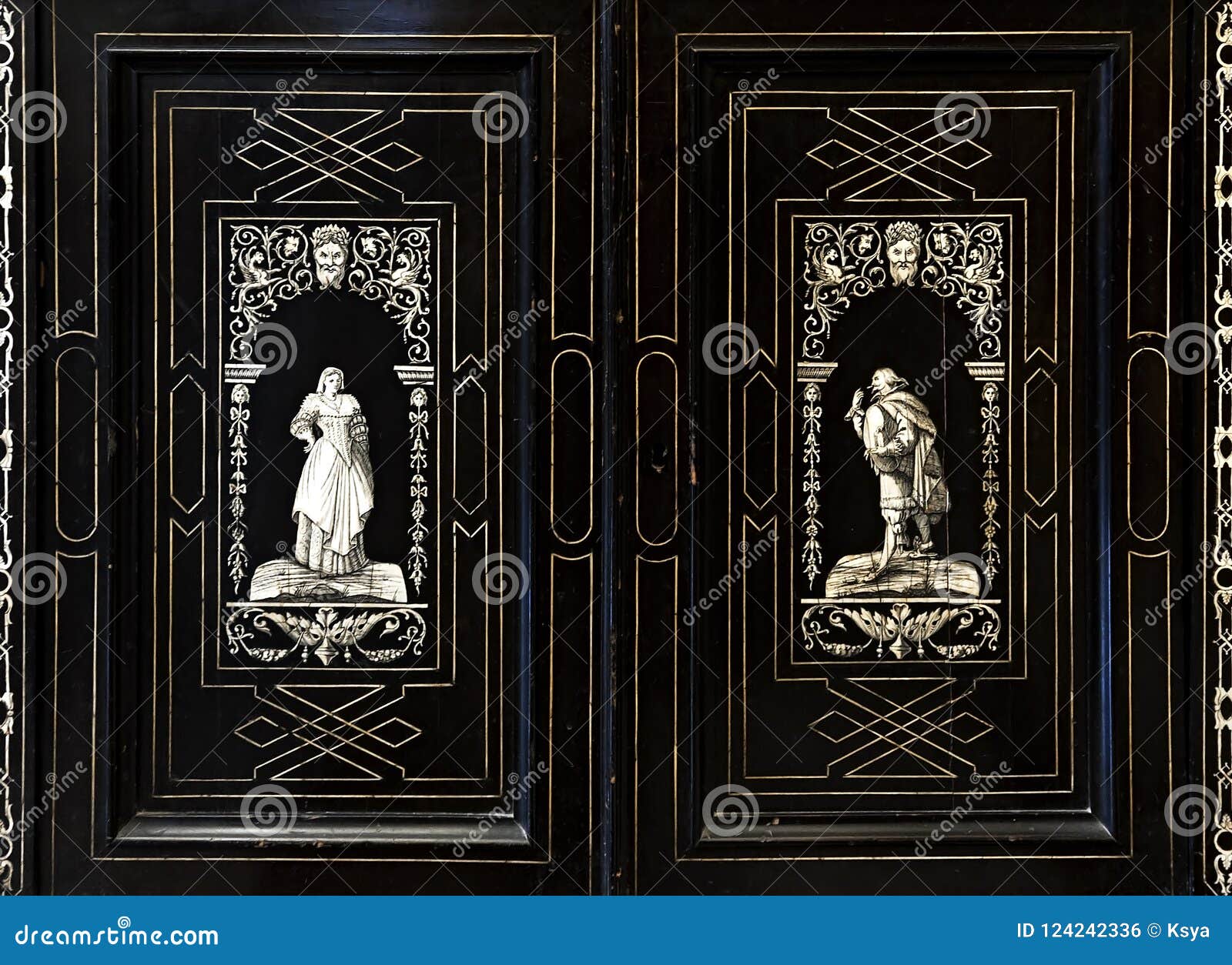 Wood Doors Decorated with Shell Inlay Stock Photo - Image of character ...