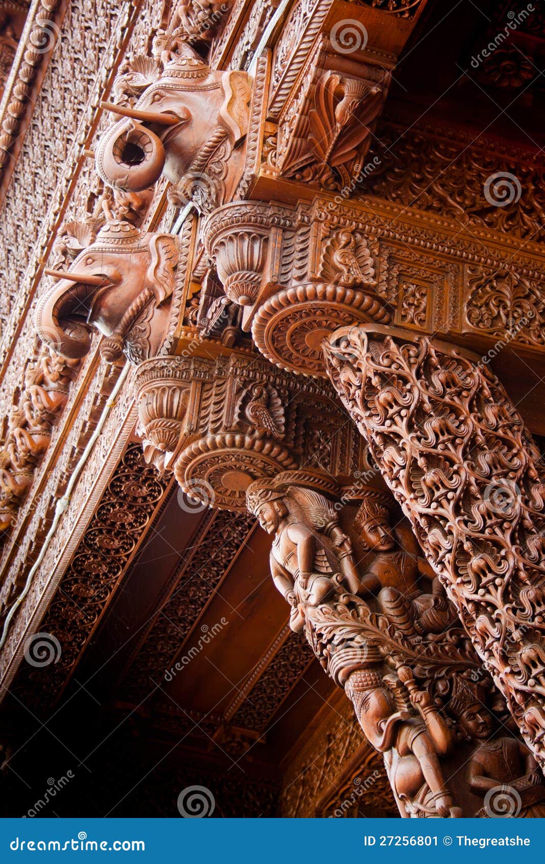 Wood Elephant Carving Columns Stock Image - Image of decoration, design ...