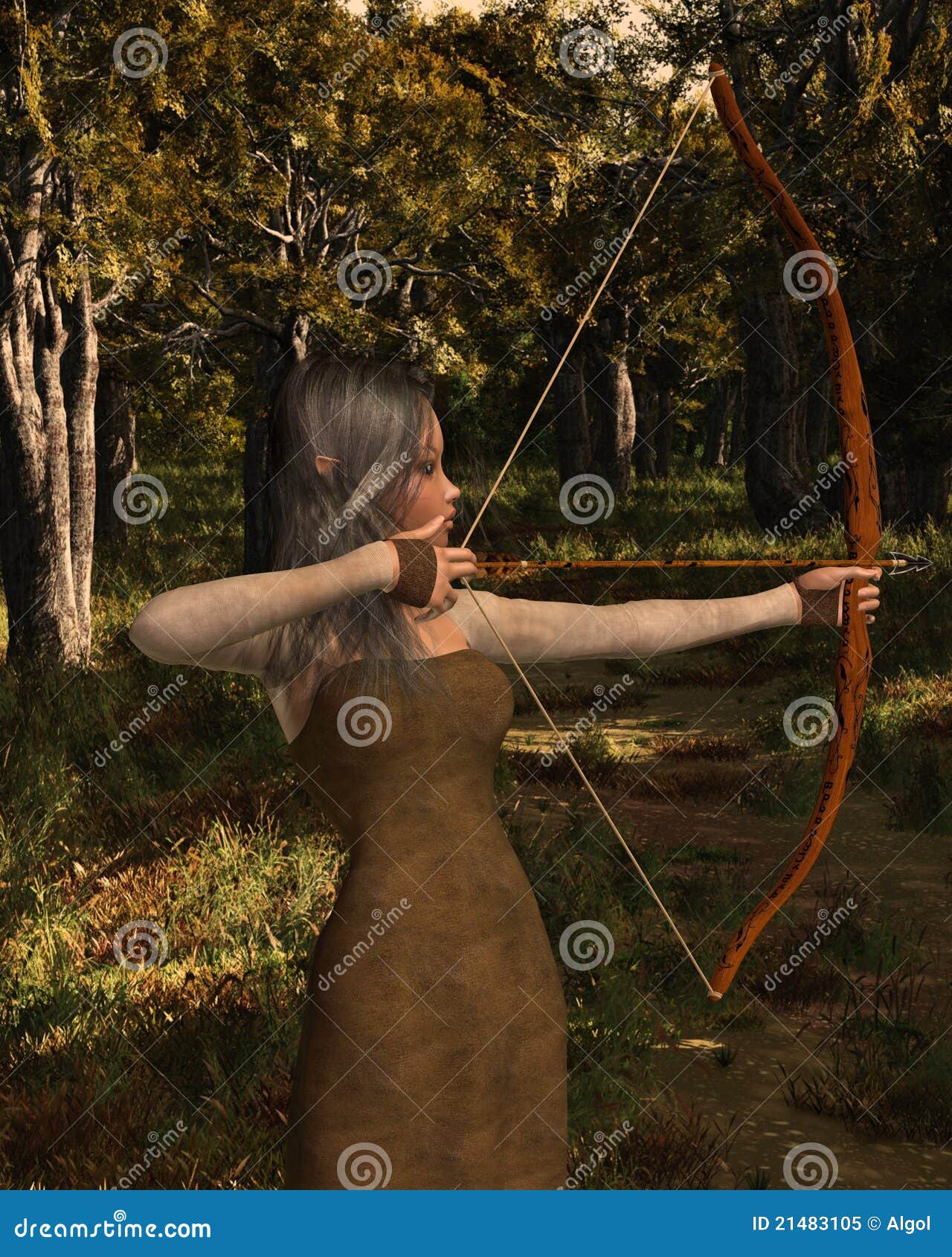 Wood Elf Archer Girl in the Forest Stock Illustration - Illustration of ...