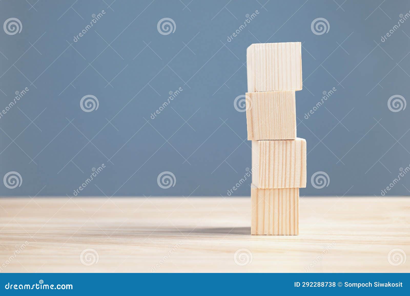 Wood Empty Four Blocks Stack on Table and Blue Blackground with Copy ...