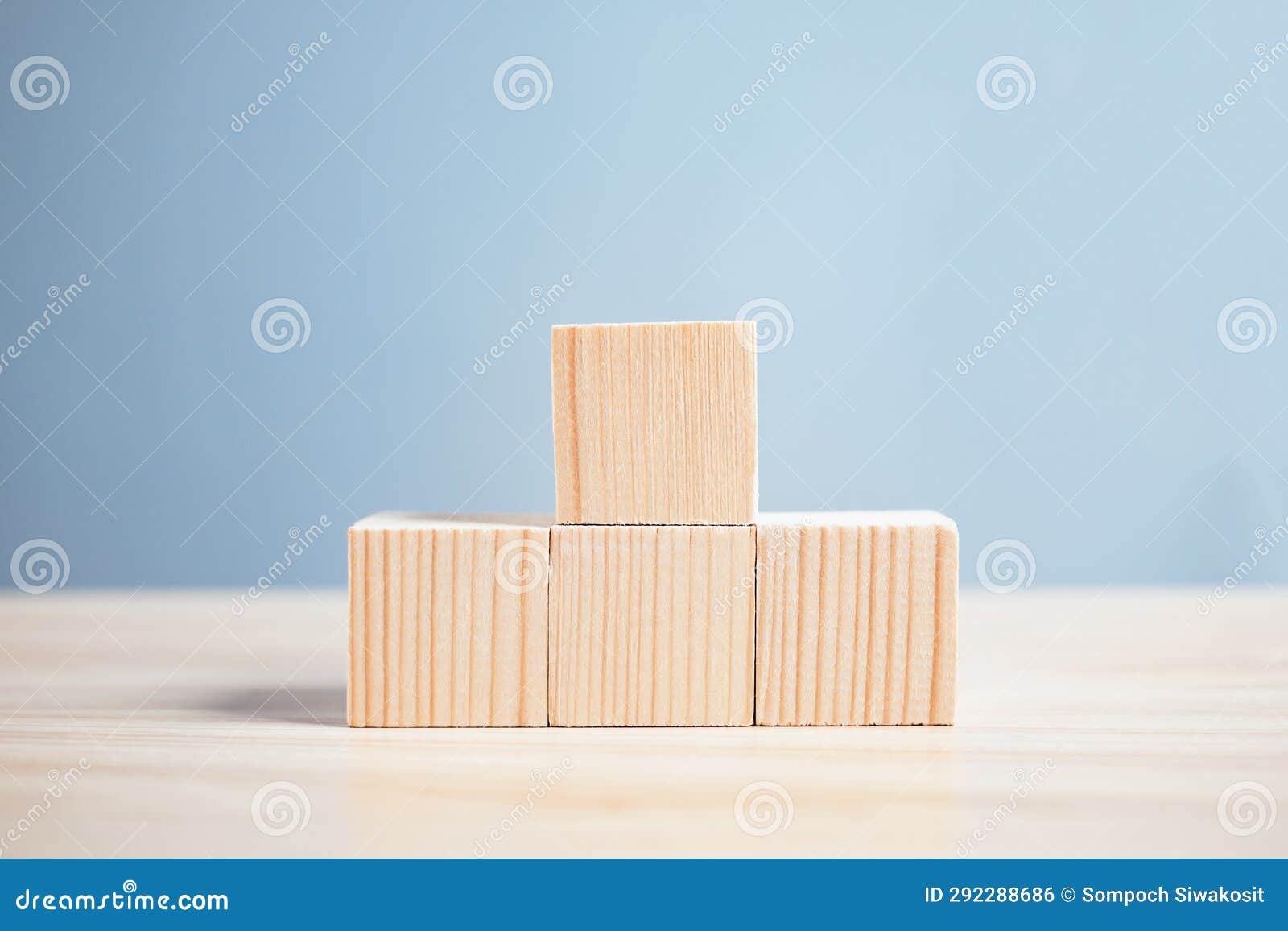 Wood Empty Four Blocks on Table and Blue Blackground with Copy Space ...