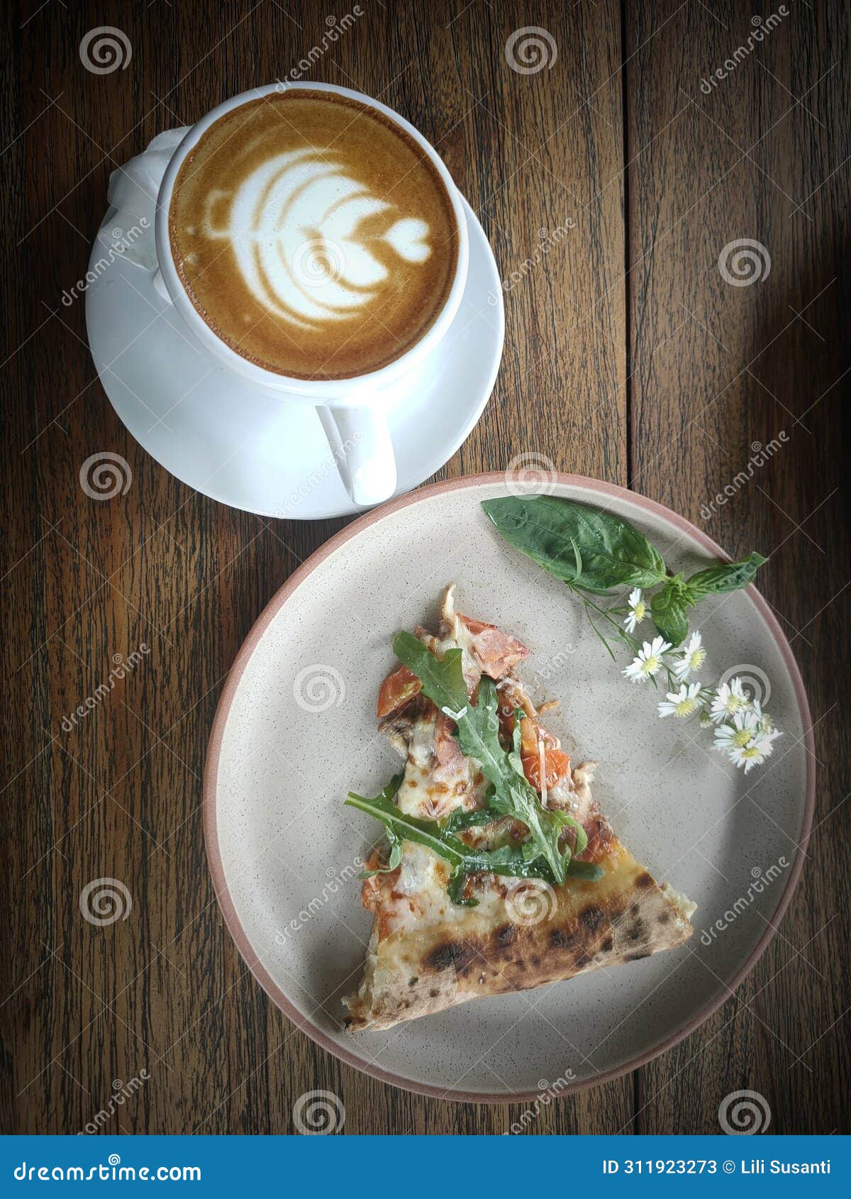Slice of pizza with coffee stock image. Image of meal - 311923273