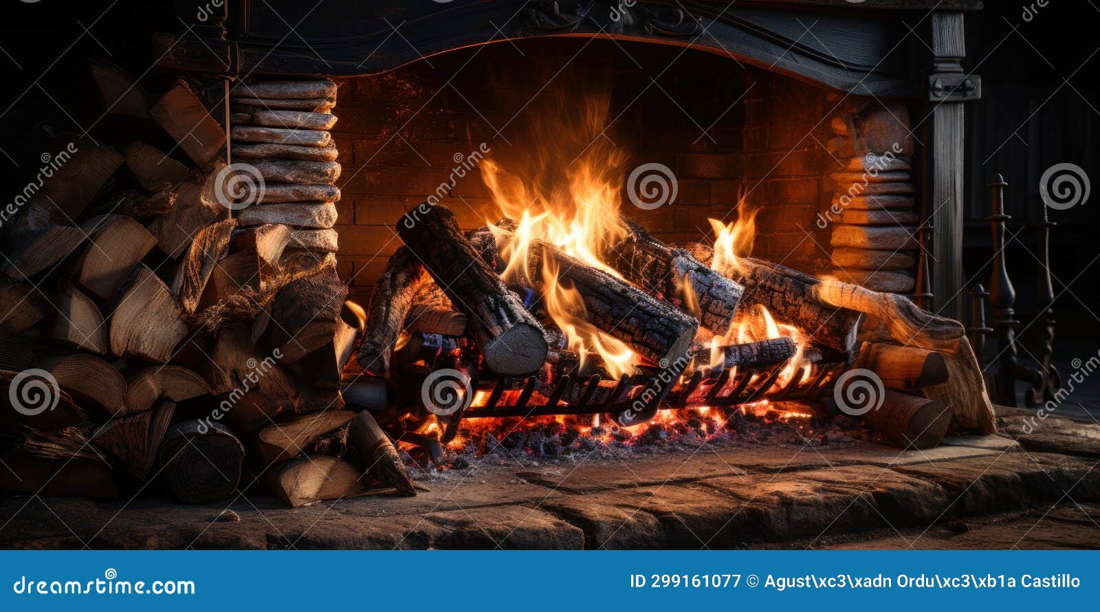 Wood Fireplace Lit with Fire. Heat of Home. Stock Illustration ...