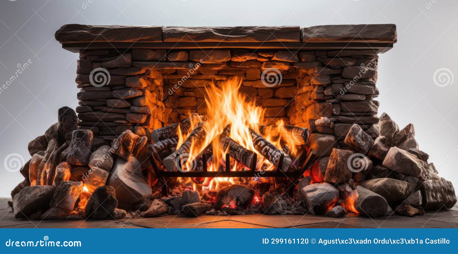 Wood Fireplace Lit with Fire. Heat of Home. Stock Photo - Image of ...