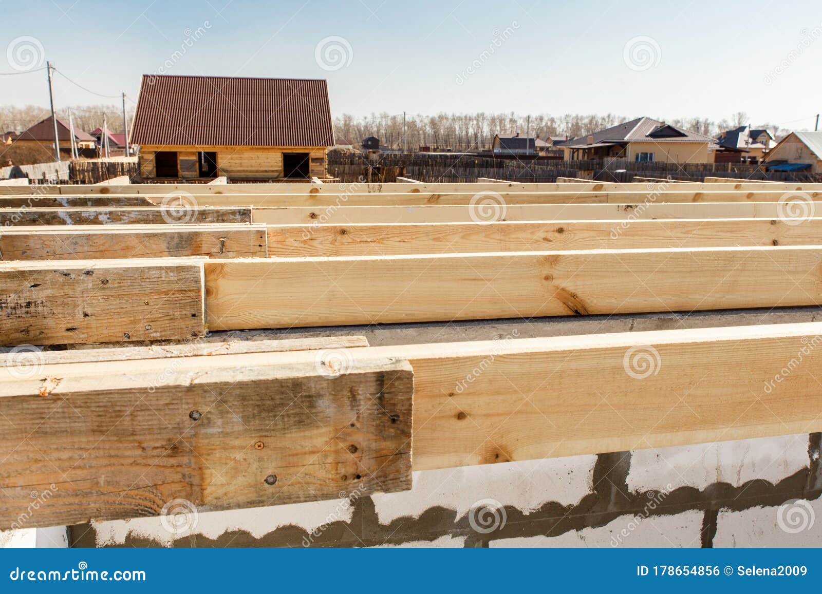 Wood Frame Structure Of Building. Ceiling Beams Are Made Of Natural Eco ...