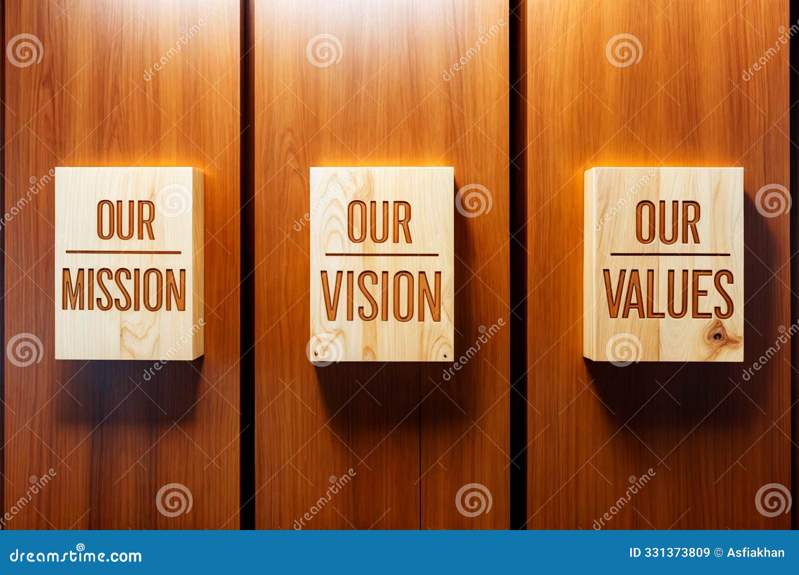 3d Render of Wood Framed Signs with the Word Text "Our Mission", "Our ...