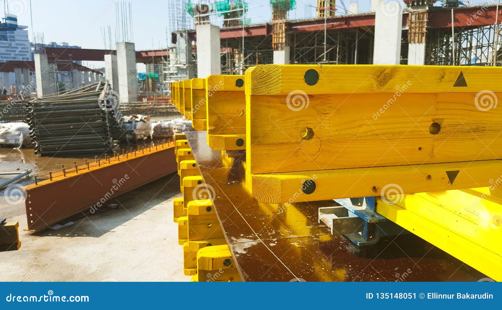 Wood Girder Stacked at a Construction Site. Stock Image - Image of iron ...