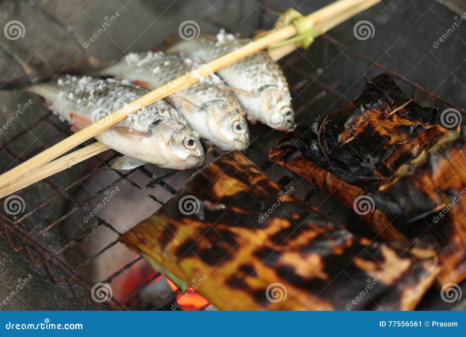 Wood grilled fish stock image. Image of meat, camp, abstract - 77556561