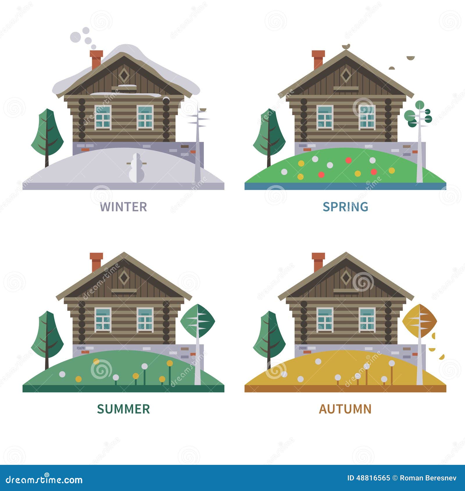Wood House Season. Vector Flat Illustration Stock Illustration ...