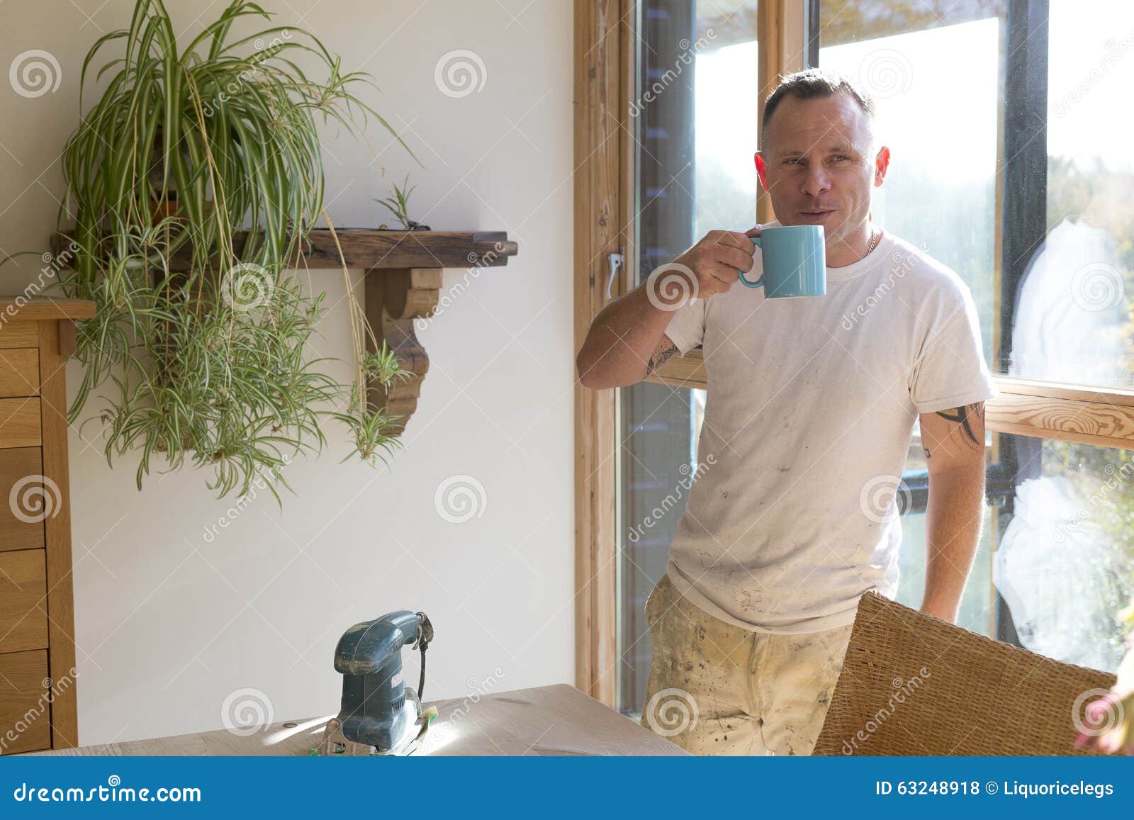 Wood Joiner Enjoying a Tea Break Stock Photo - Image of lumber, break ...