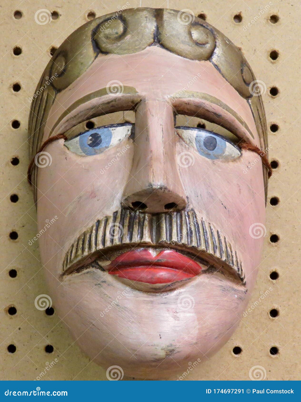 Wood Male Mask with Mustache. Stock Image - Image of carving, retro ...