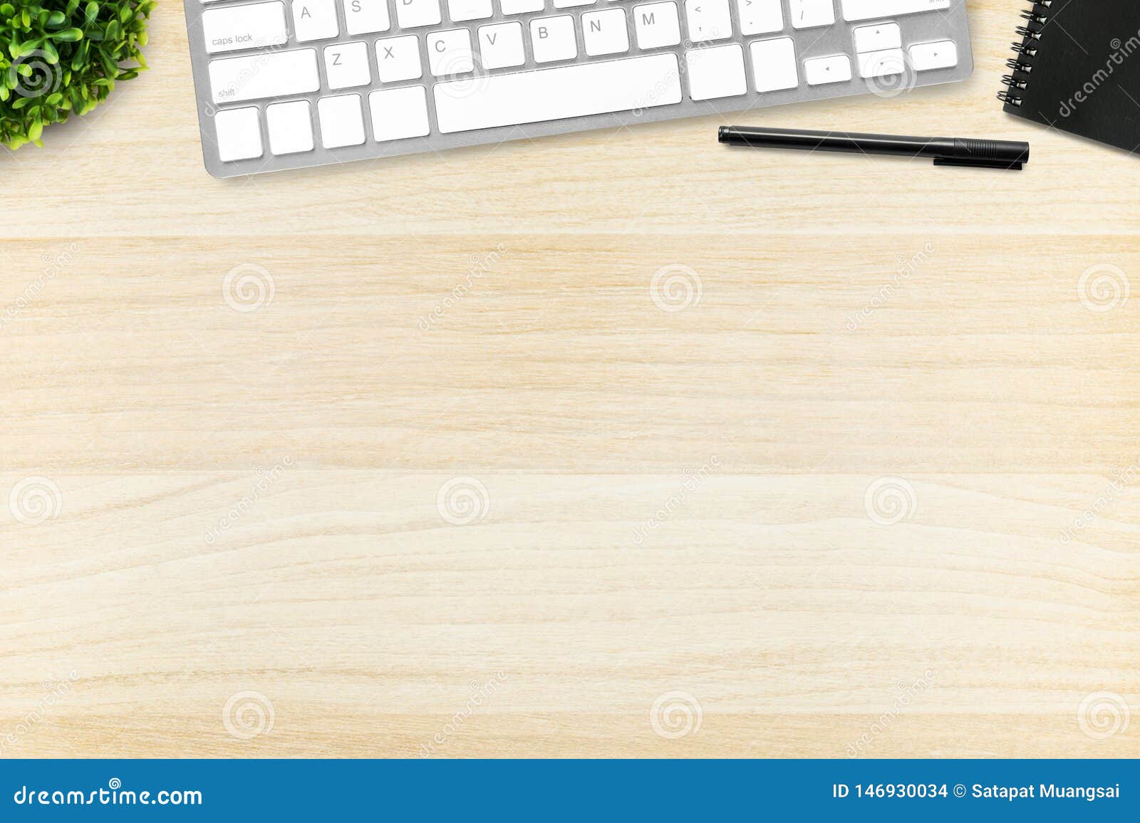 Wood Office Desk Table with Computer Keyboard, Pen and Notebook. Top ...