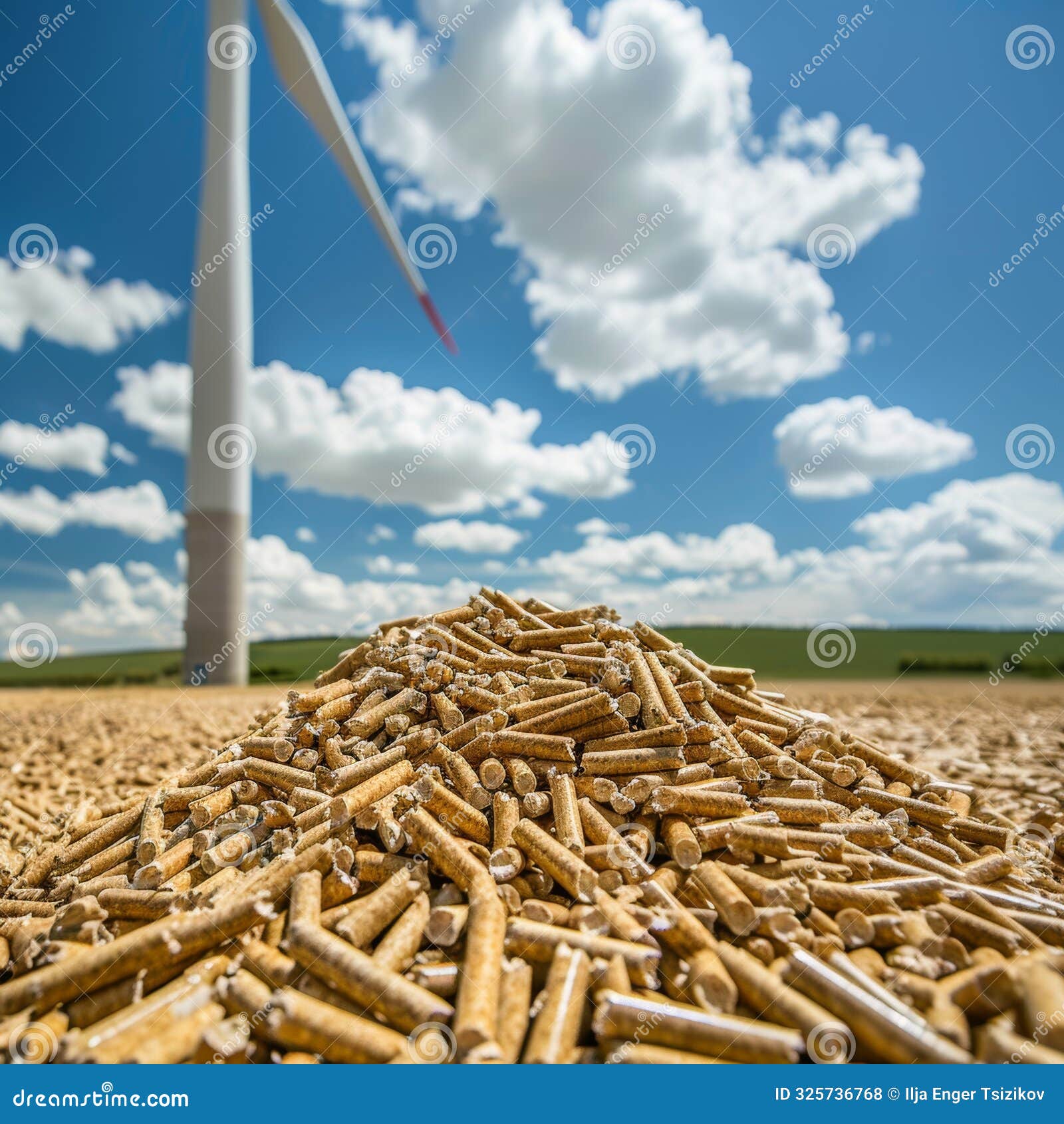 Wood Pellets Stack by Wind Turbine Renewable Energy Source in Harmony ...