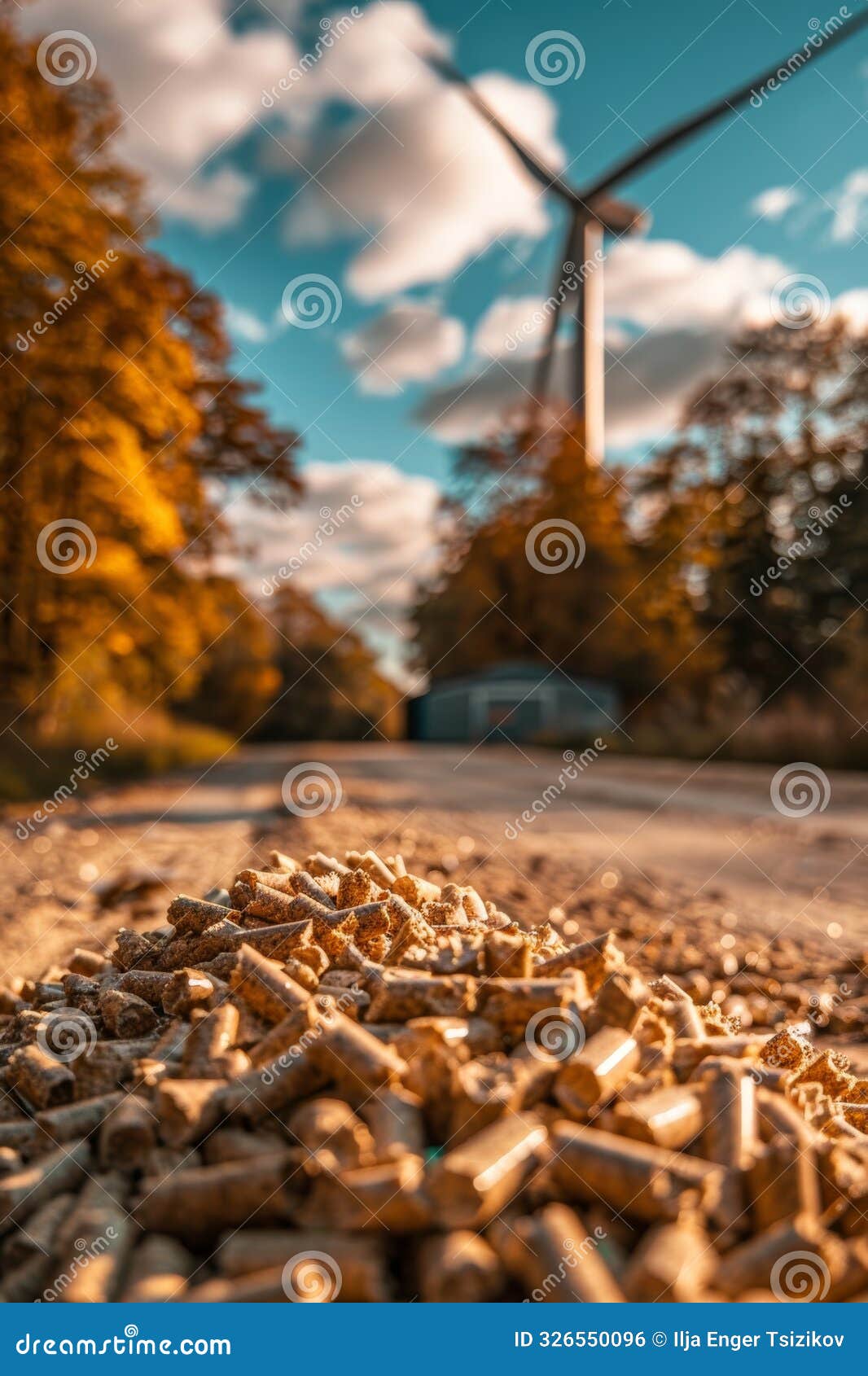 Wood Pellets Stack by Wind Turbine Symbolizes Renewable Energy Sources ...