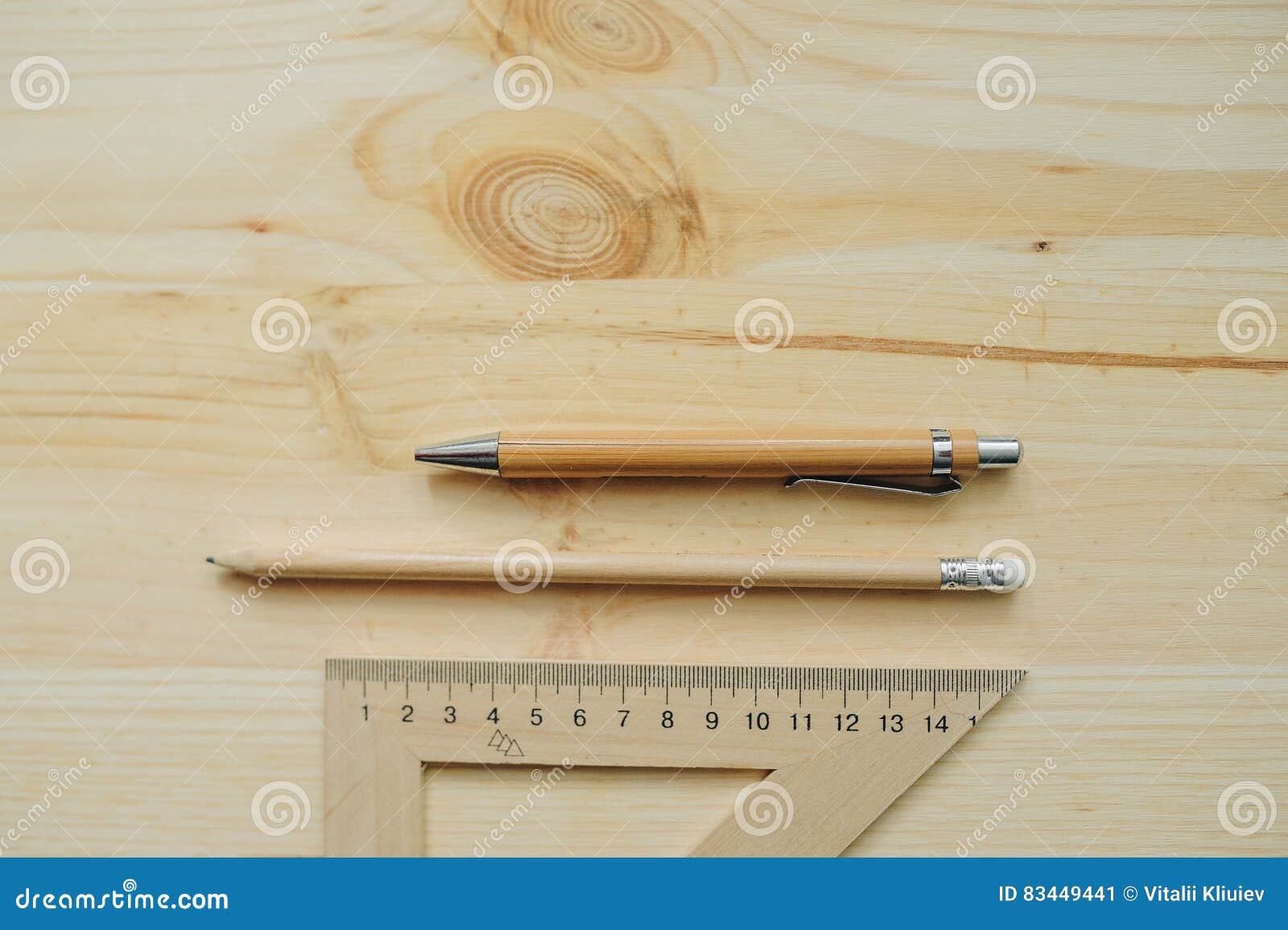 Wood Pencil, Pen, Triangle on the Desk in Daylight Stock Image - Image ...