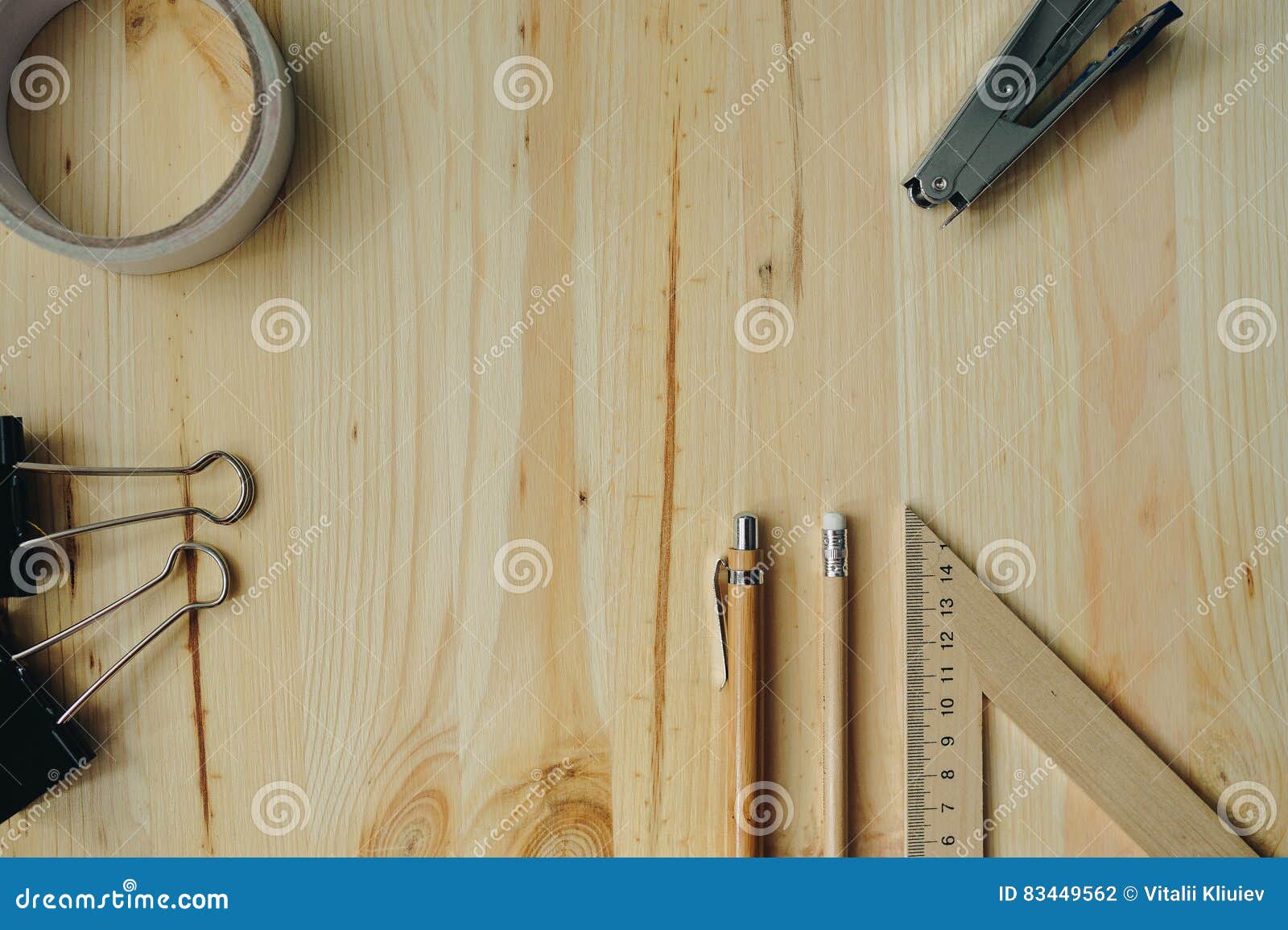 Wood Pencil, Pen, Triangle on the Desk in Daylight. Office Table Stock ...