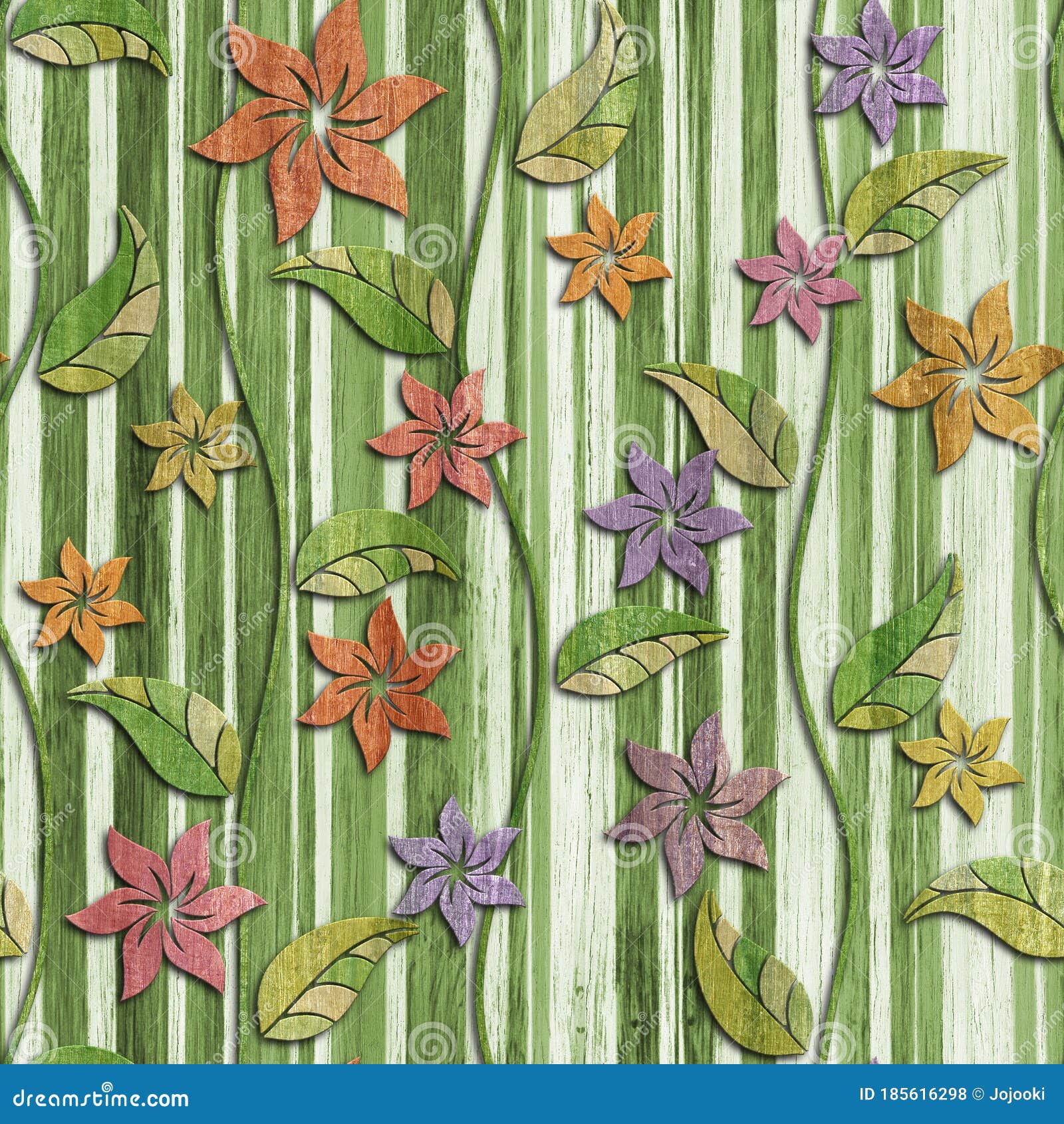 Wood Seamless Texture with Leaves and Flowers Pattern, 3d Illustration ...