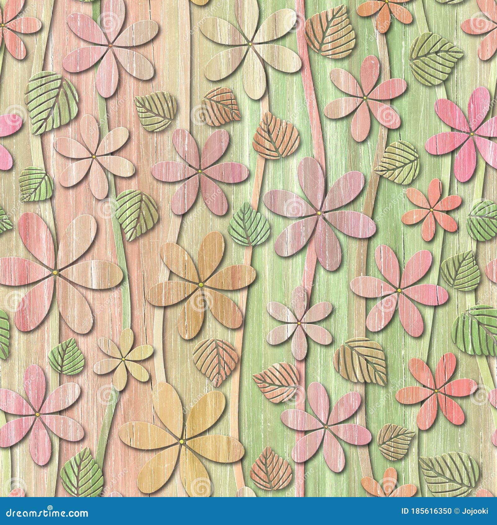 Wood Seamless Texture with Leaves and Flowers Pattern, 3d Illustration ...