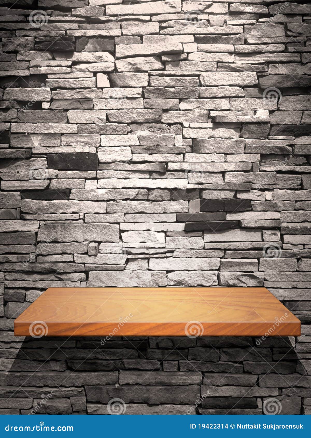 Wood shelf on stone wall stock photo. Image of wall, house - 19422314
