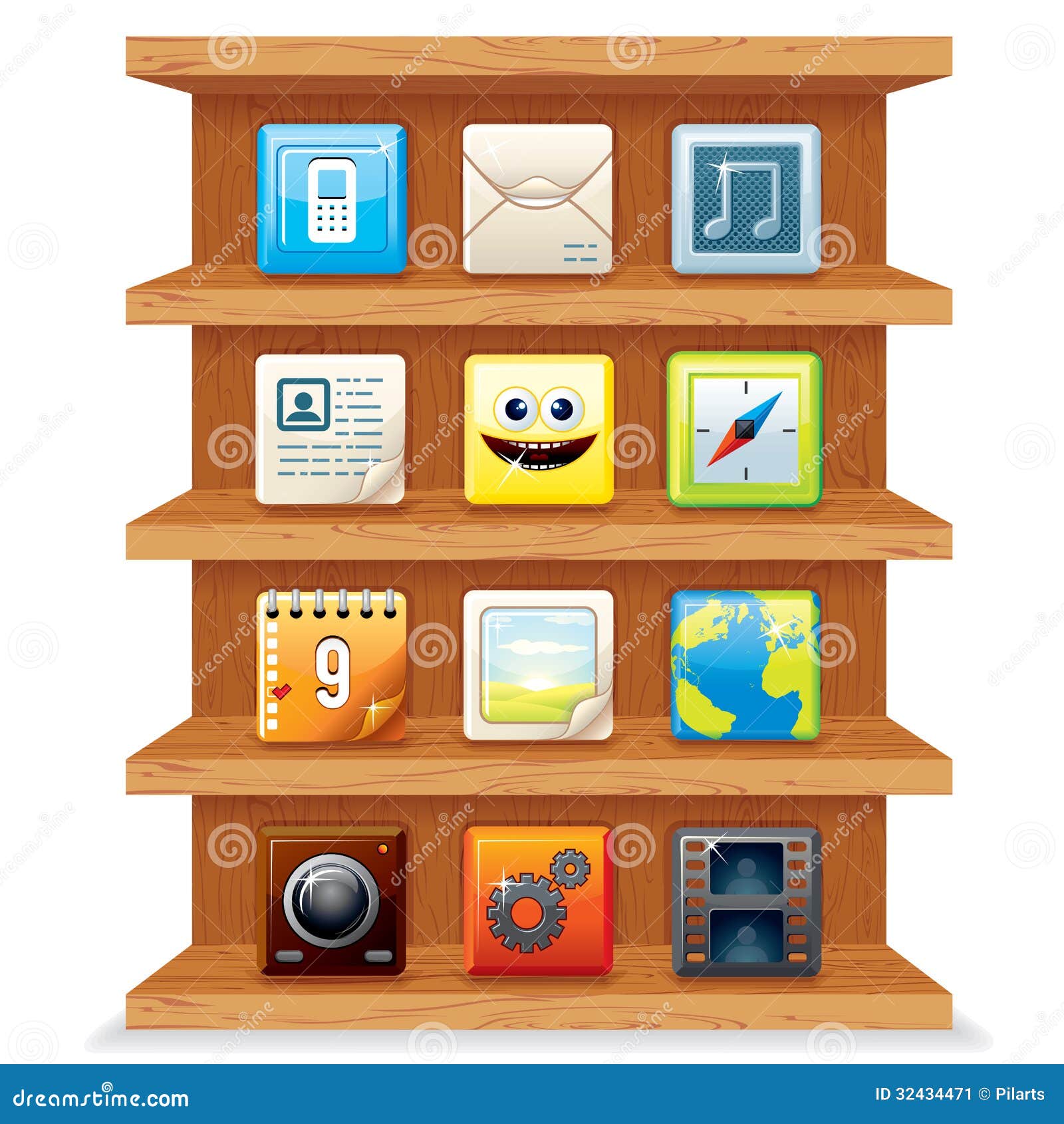 Wood Shelves with Computer Apps Icons. Vector Stock Vector ...