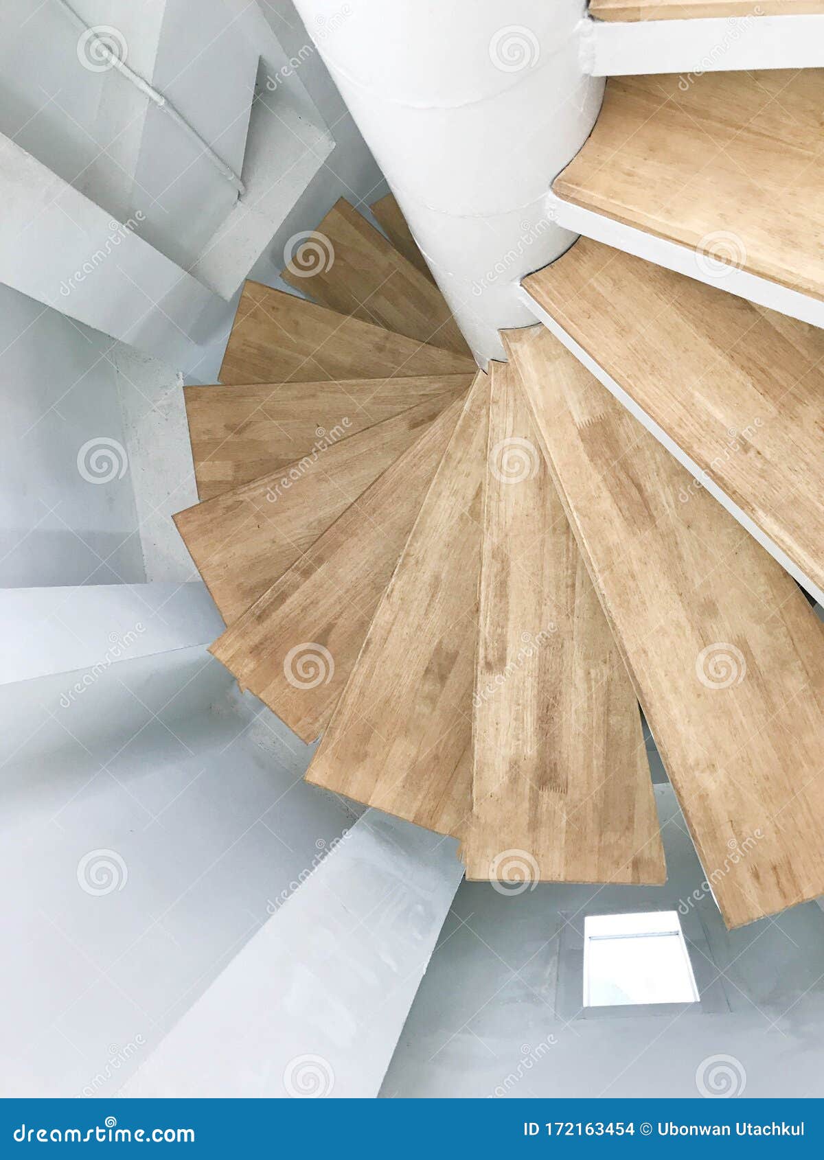 Wood Spiral Staircase with White Wall Stock Photo - Image of geometric ...