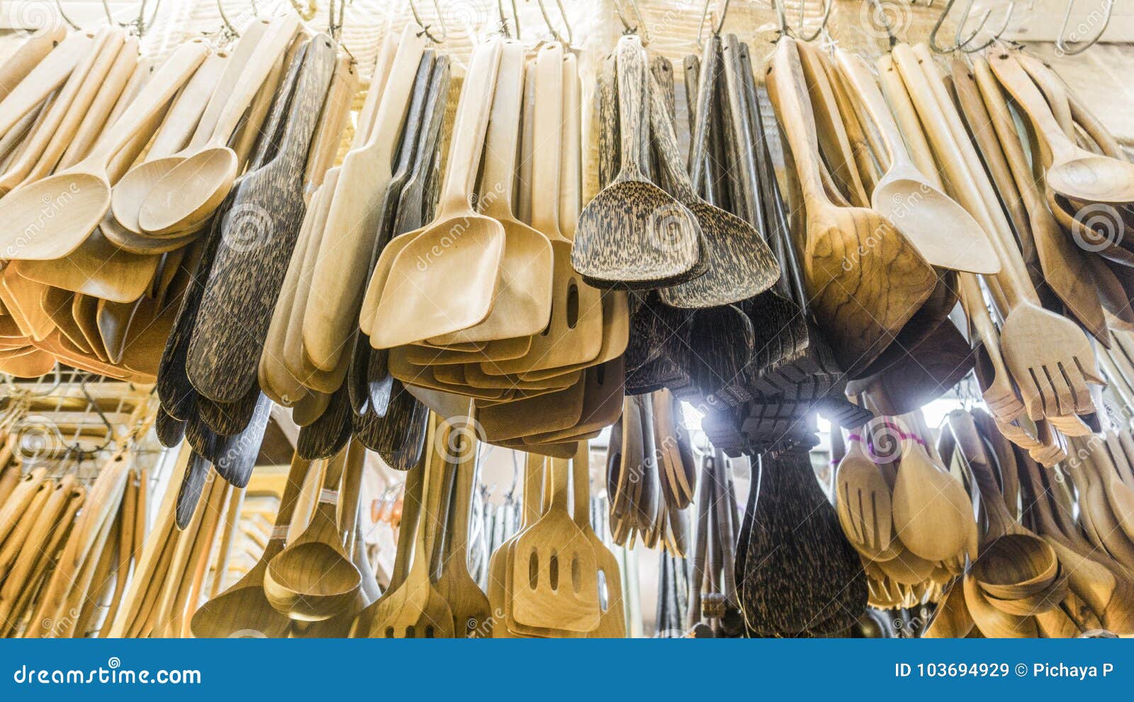 Wood Spoons Hanging in the Shop Stock Image - Image of display, color ...