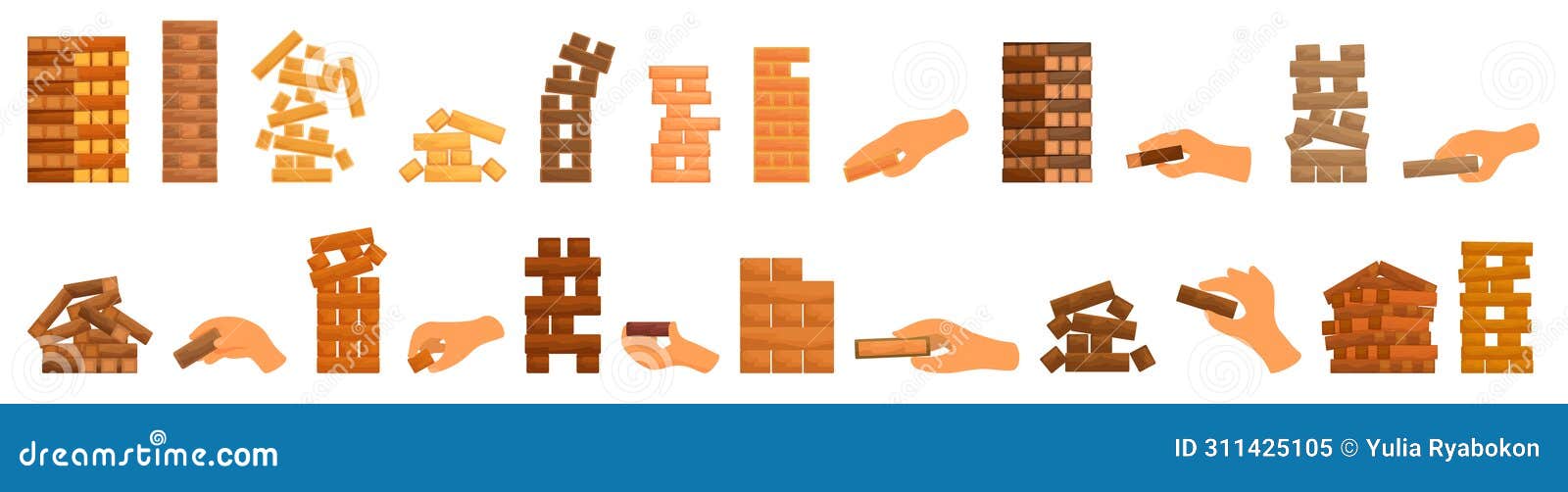 Wood Stack Balances Game Icons Set Cartoon Vector. Hand Tower Stock ...