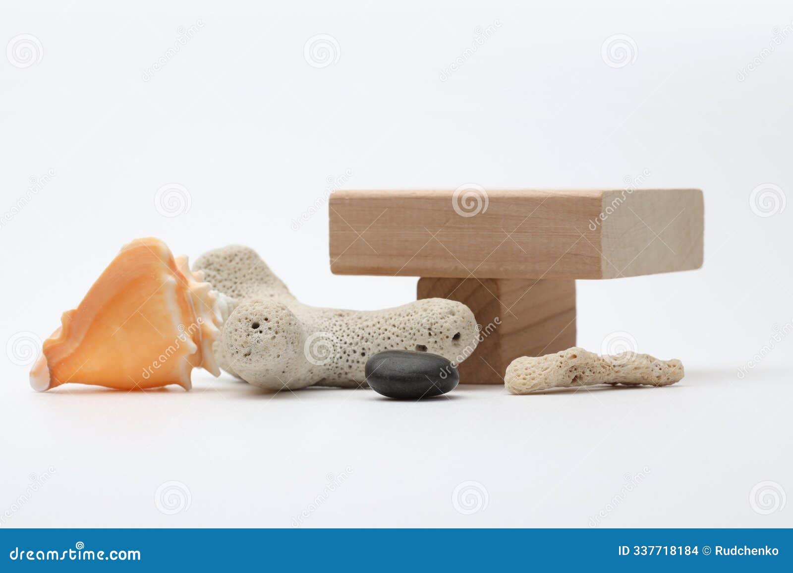 Wood Stack Cube Platform Podium and Stones, Shell on Gray Light Copy ...