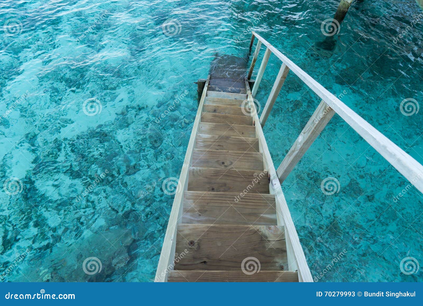 Wood stair into the sea stock image. Image of sunny, peaceful - 70279993