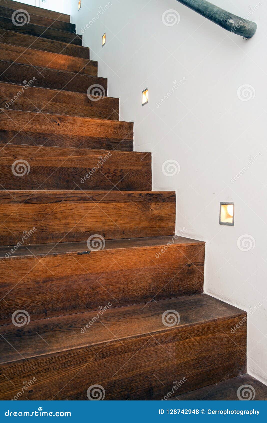 Wood Stairs by Night with Led Light in the White Wall Modern Design ...