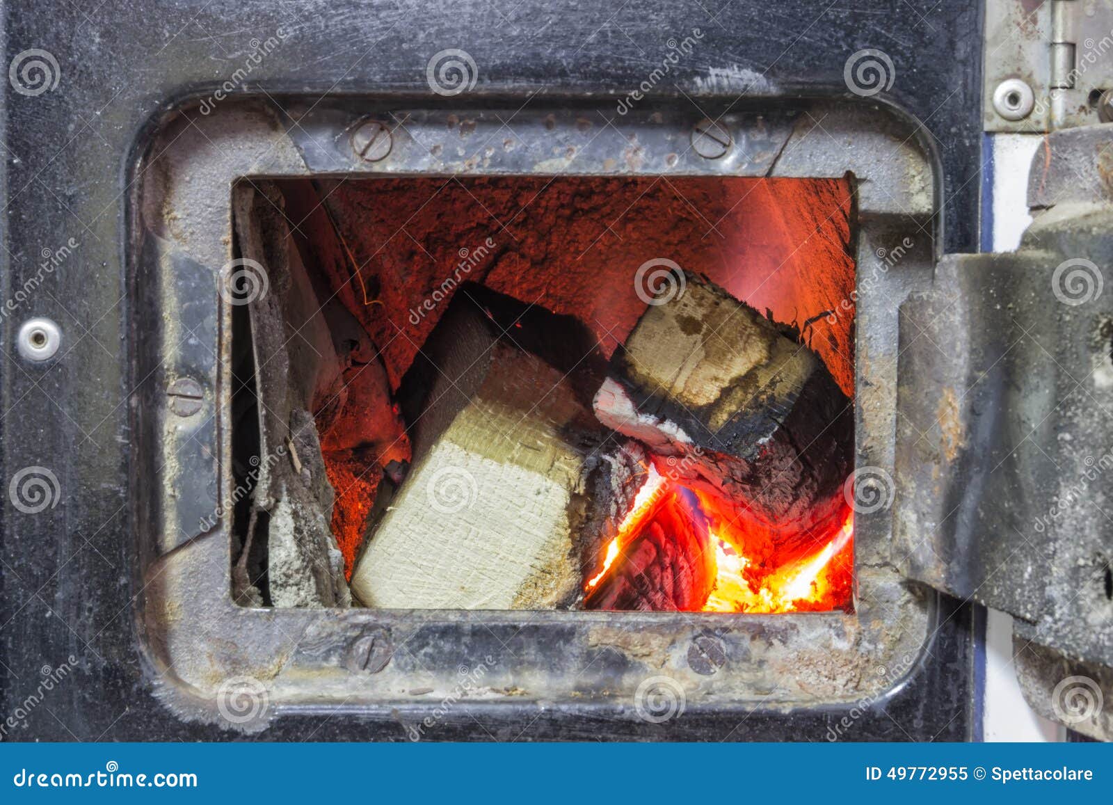 Wood Stove Firebox with Fire and Wood Stock Image - Image of flame ...