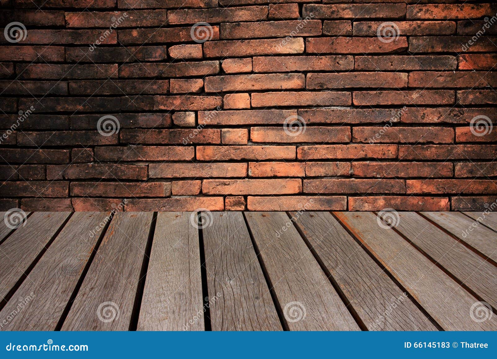 Wood Table and Abstract Red Brick Wall Background. Stock Image - Image ...