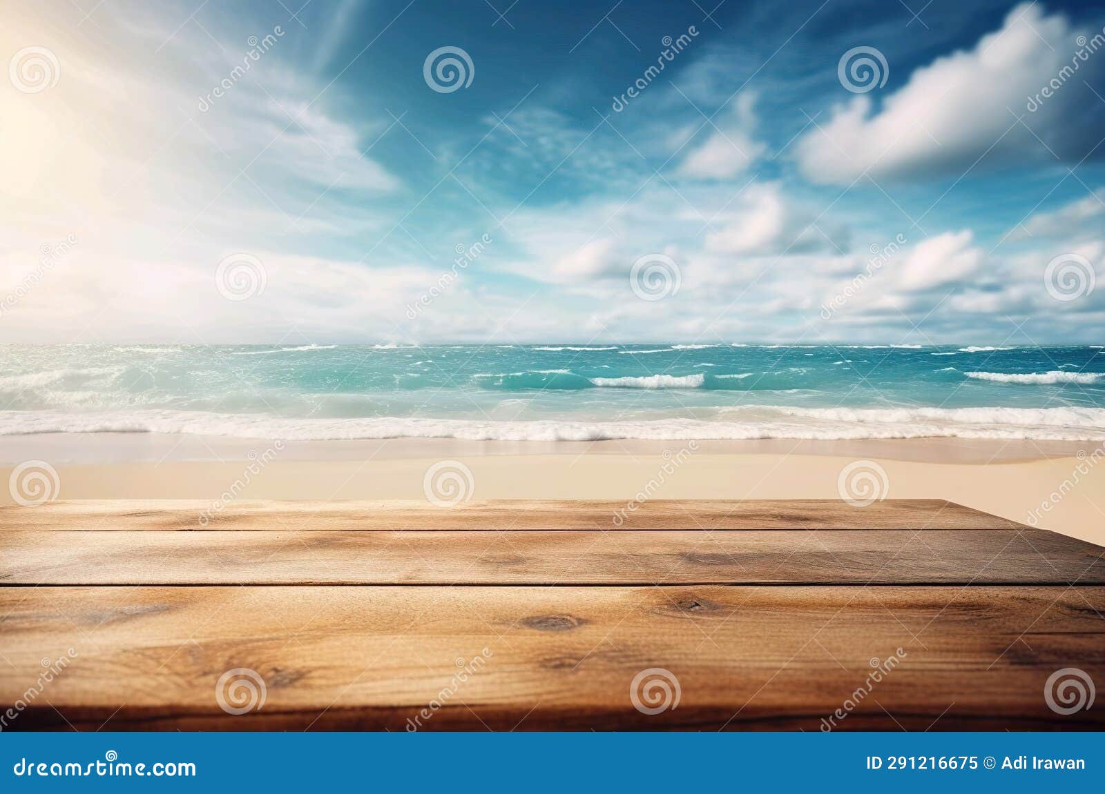 Wood Table with Beach and Sky View Stock Illustration - Illustration of ...