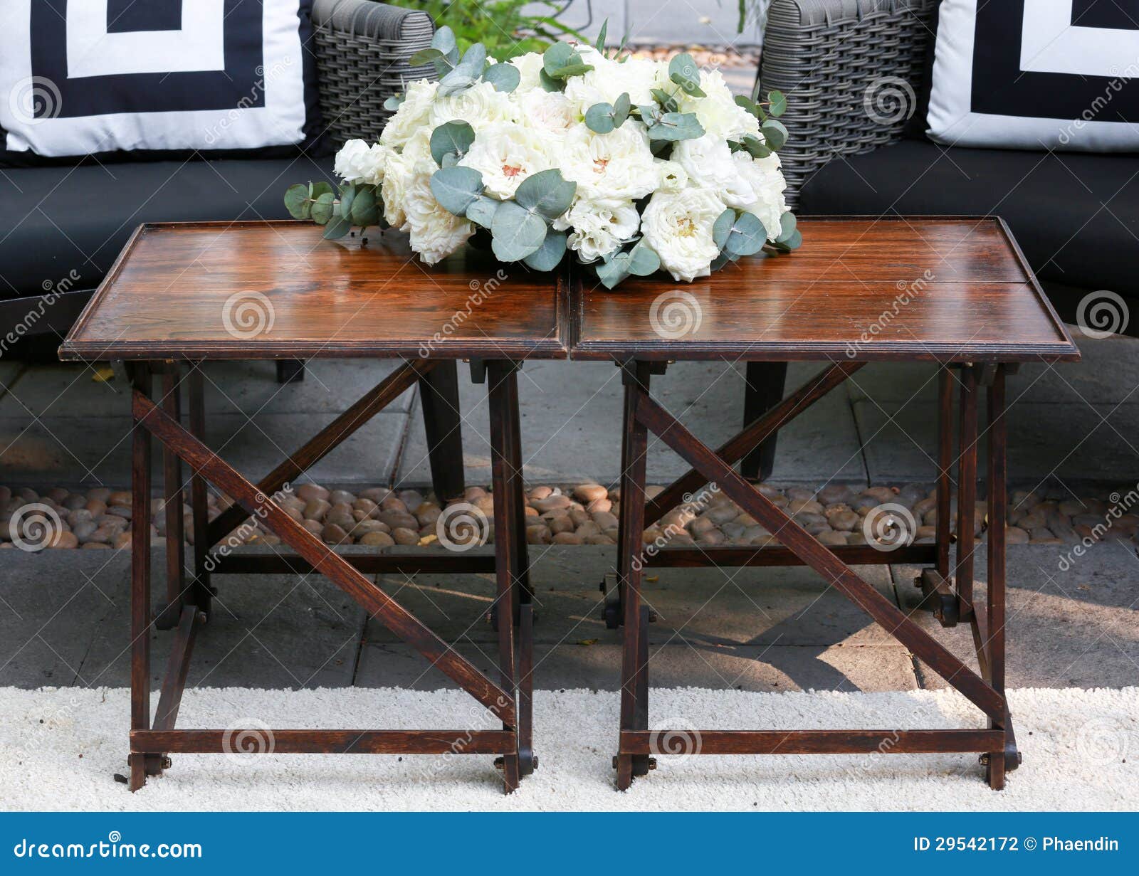 Wood Table Decorated with White Roses Stock Photo - Image of luxury ...