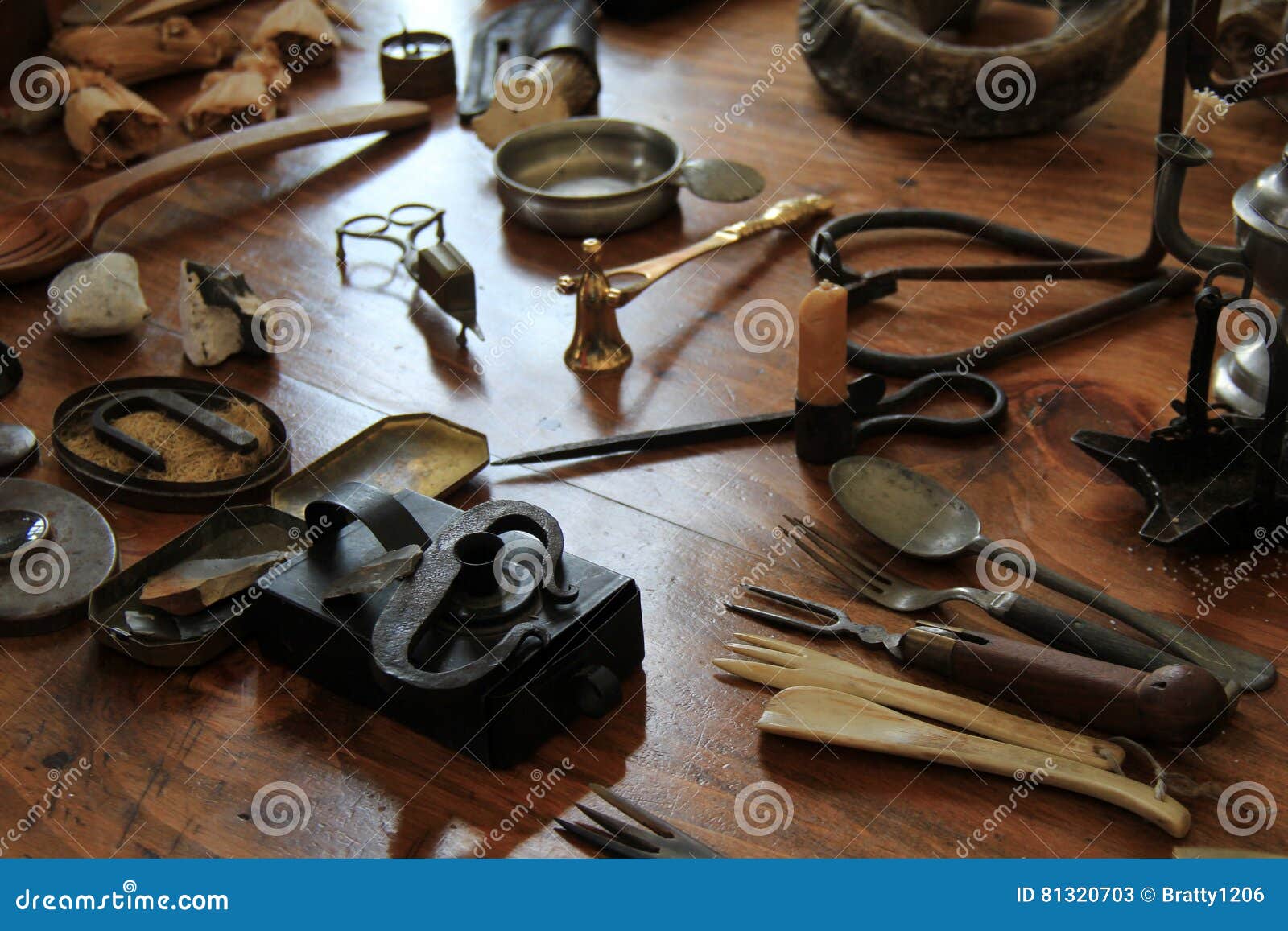 Wood Table with Display of Old Items People Used in Olden Days Stock ...