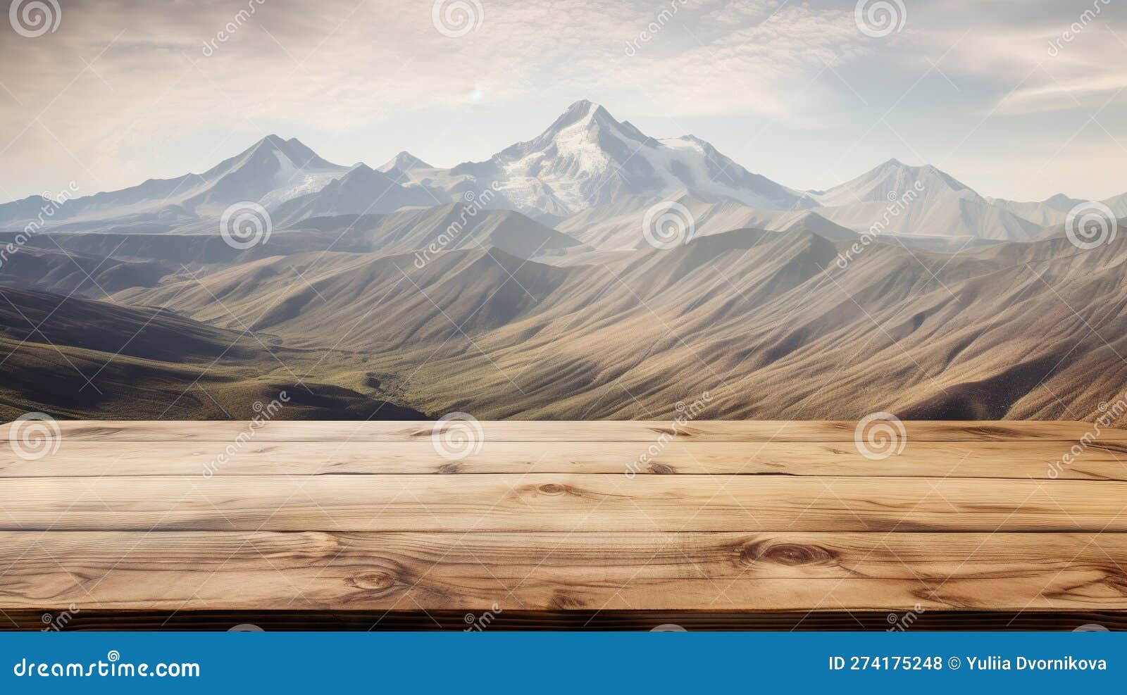 Wood Table Mockup with High Mountains on Background. Empty Copy Space ...