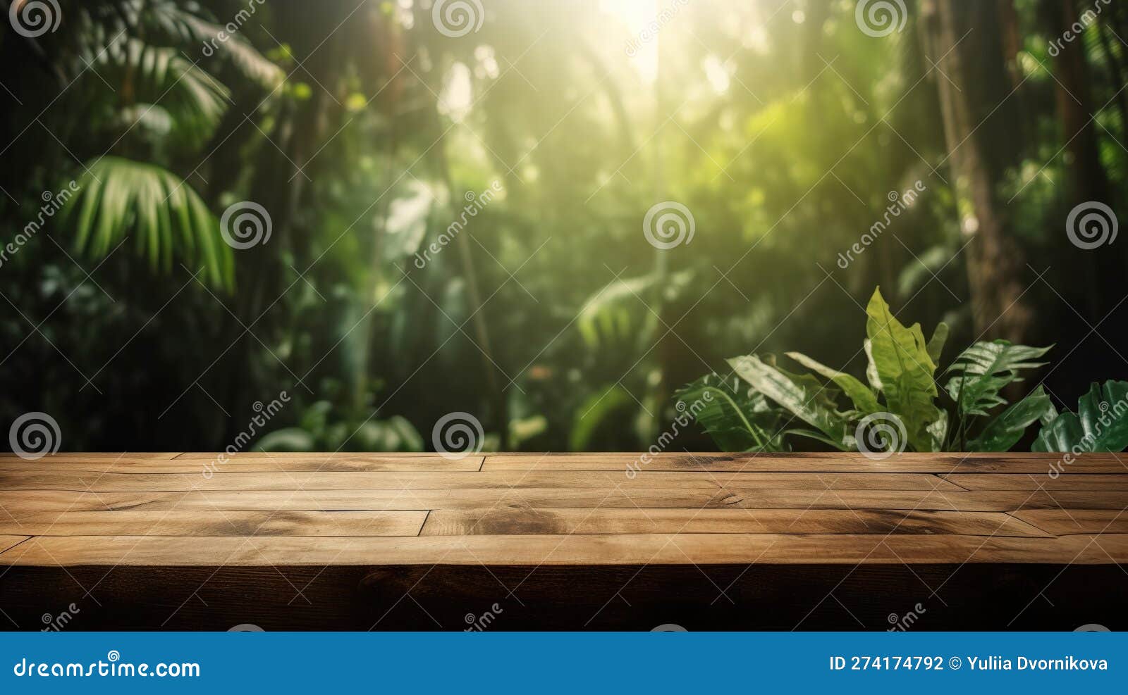 Wood Table Mockup with Tropical Jungle on Background. Empty Copy Space ...