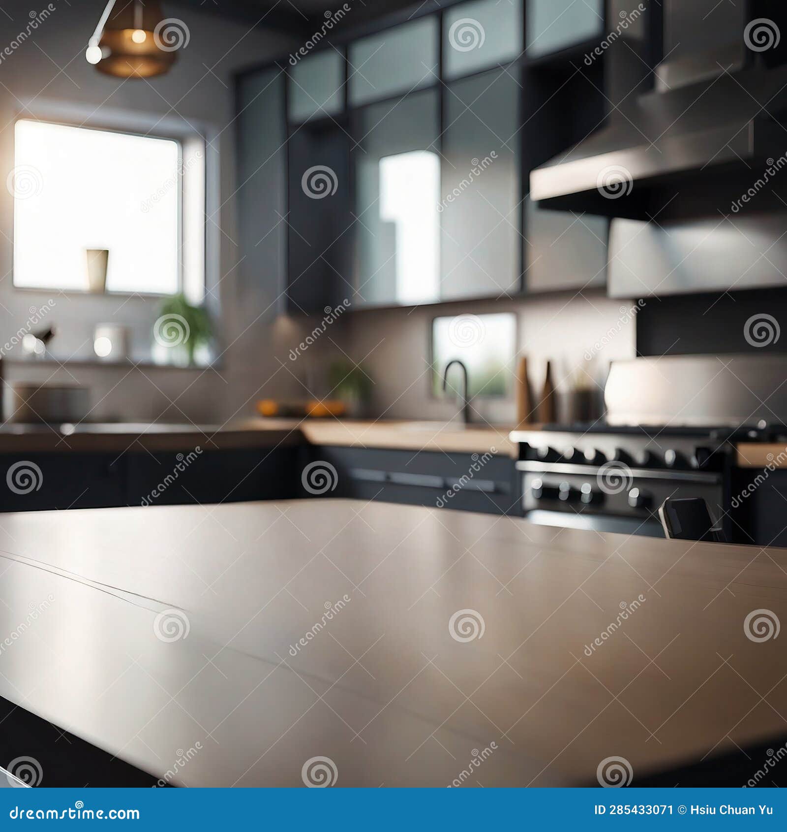 Wood Table in Modern Kitchen Blurry Background Stock Image - Image of ...
