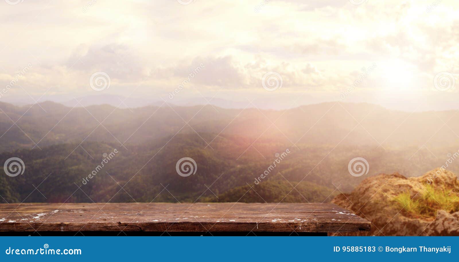 Wood Table and Morning Mountains Background. Stock Image - Image of ...