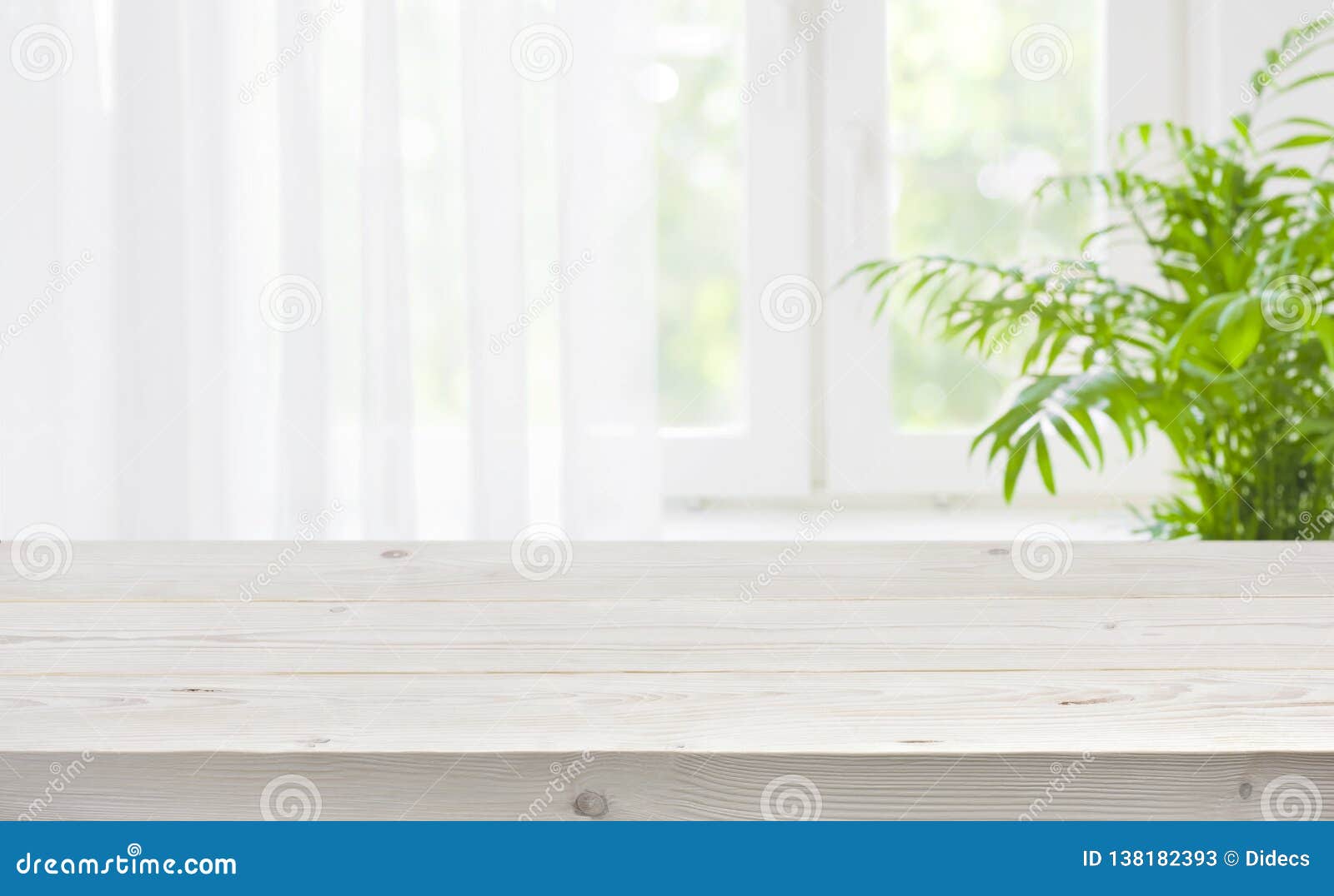 Wood Table Top on Blurred Background of Window with Curtain Stock Image ...