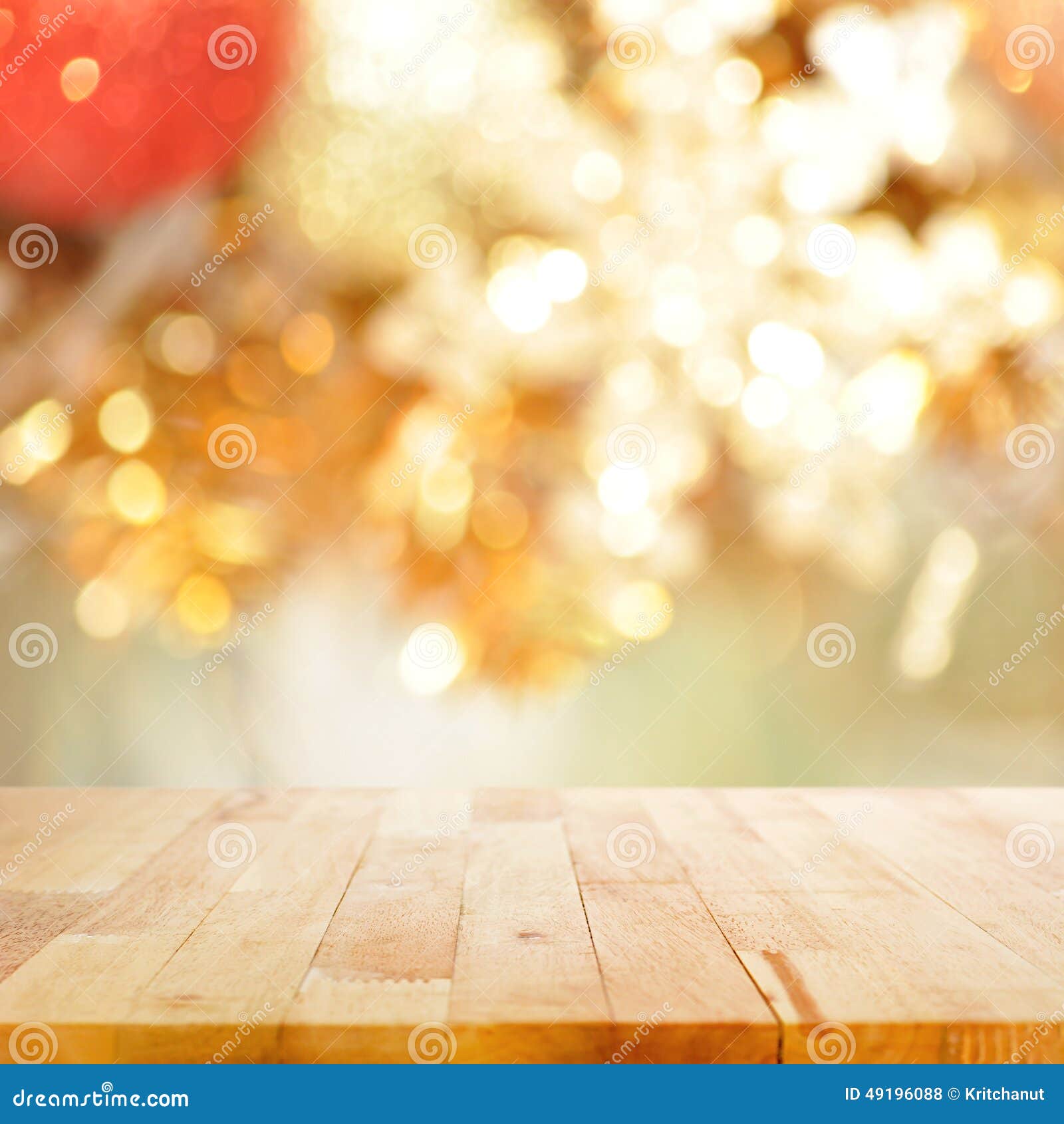 Wood Table Top On Blurry Gold Background - Festive Background Stock ...